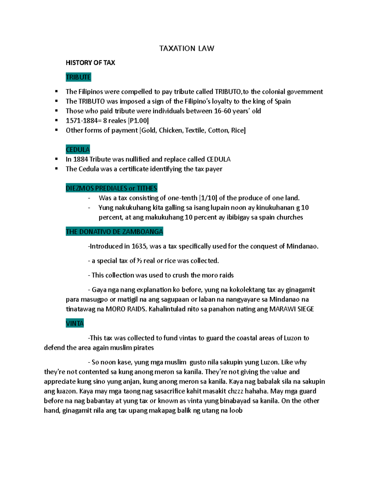 Taxation - hope this helps - TAXATION LAW HISTORY OF TAX TRIBUTE The ...