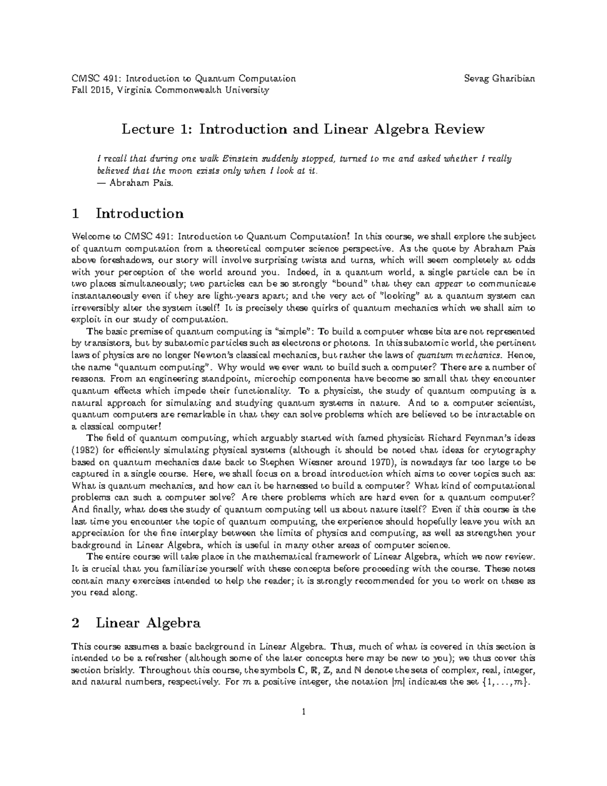 Lecture 1 Linear Algebra Review Cmsc 491 Introduction To Quantum Computation Sevag