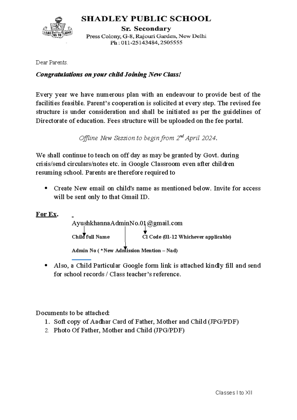 New EMail ID Create Circulars (23.03.24) - Dear Parents. Congratulations on your child Joining ...