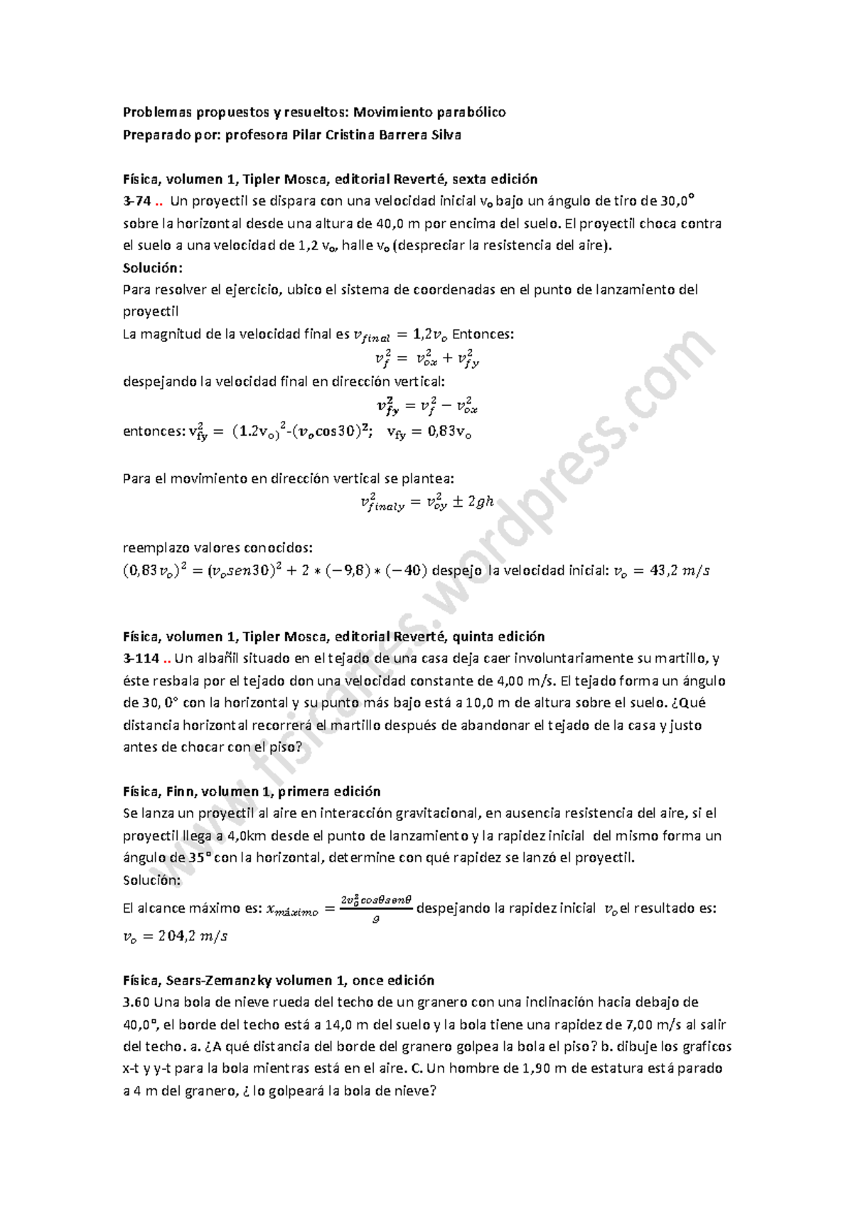 Problemas propuestos y resueltos movimiento parabc 3b3lico6 - **Problemas propuestos y resueltos ...