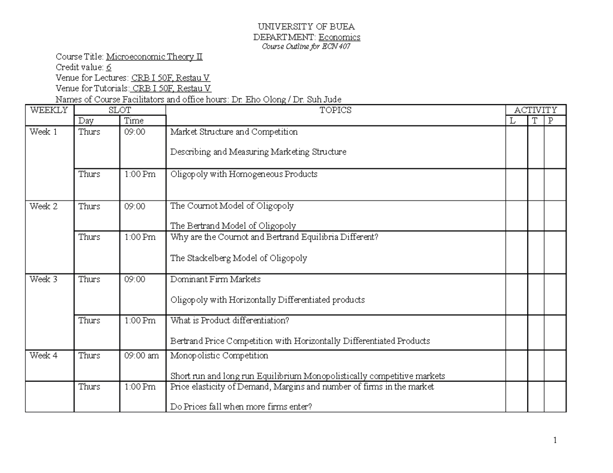 ECN 407 Course outline 2023 2024 - 1 Course Title: Microeconomic Theory ...