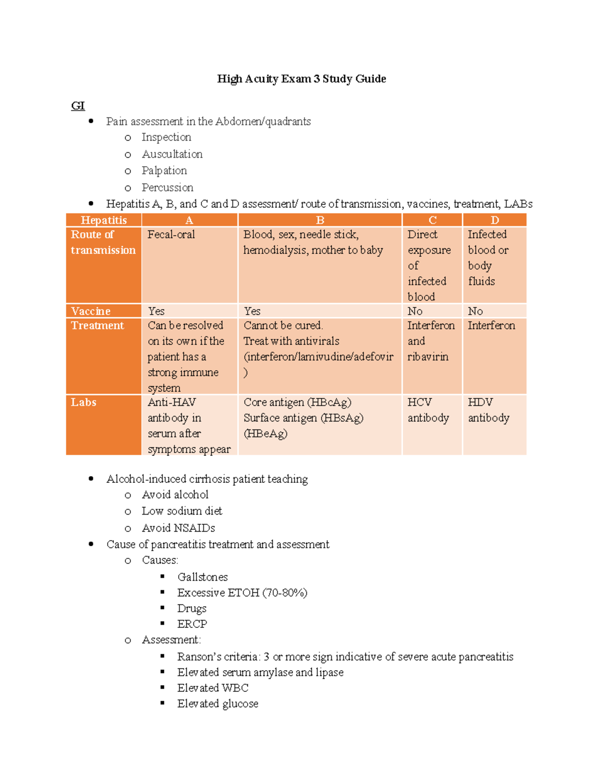 High Acuity Exam 3 Study Guide - High Acuity Exam 3 Study Guide GI Pain ...