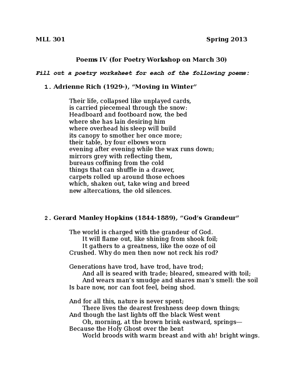 Poems IV S13 - Syllabus - MLL 301 Spring 2013 Poems IV (for Poetry ...