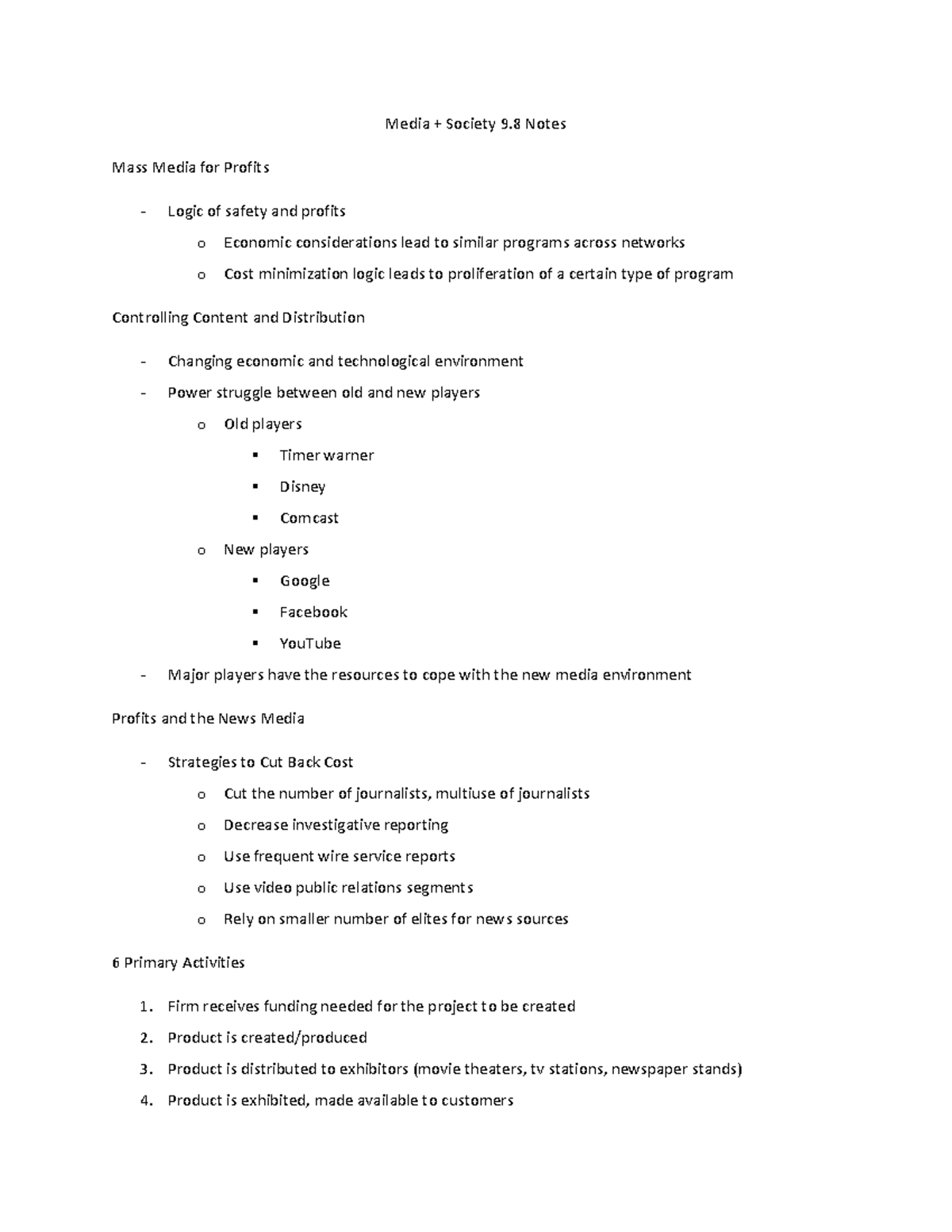 Media + Society 9 - Media + Society 9 Notes Mass Media for Profits ...