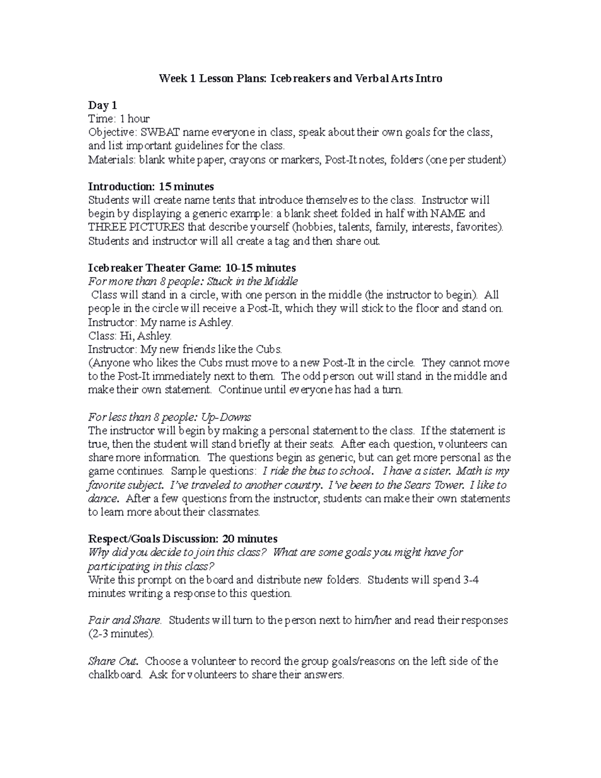 Ww week 1 lesson plans - Week 1 Lesson Plans: Icebreakers and Verbal ...
