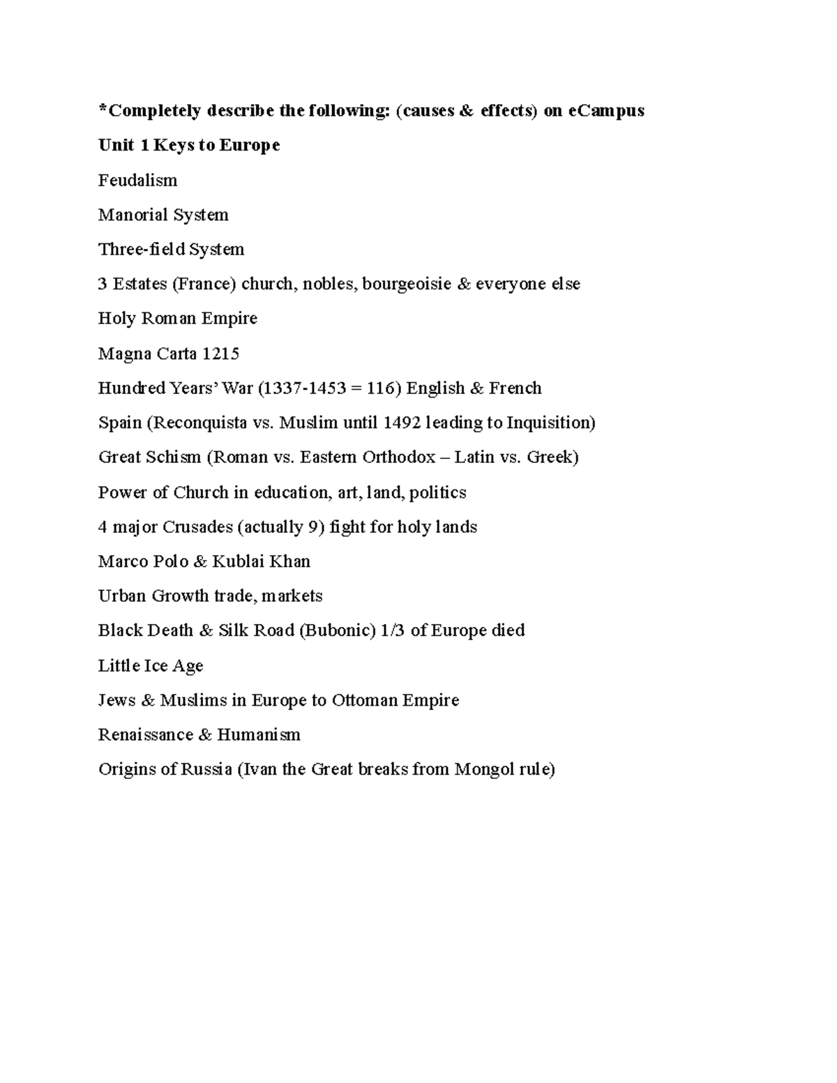 Unit 1 Keys to Europe - AP World History graphic organizer ...