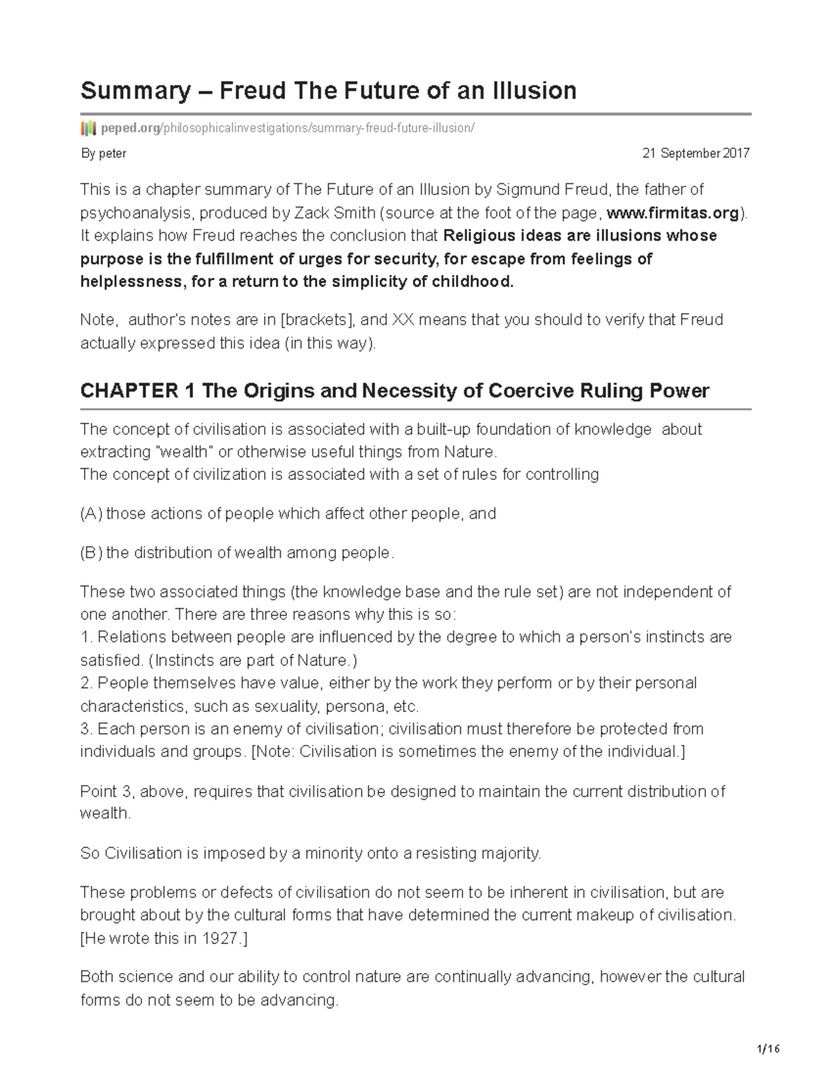 Freud - Future of an Illusion Summary - By peter 21 September 2017 ...