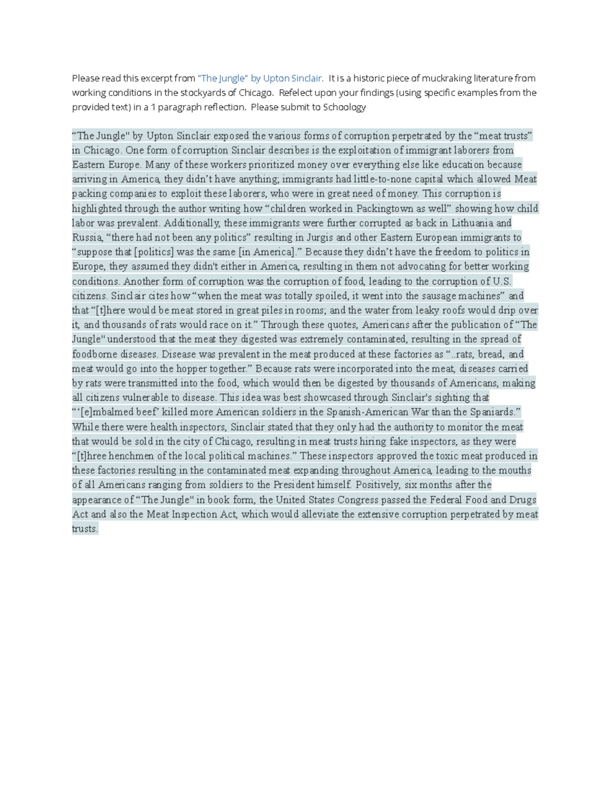 The Jungle - hii - Please read this excerpt from "The Jungle" by Upton ...