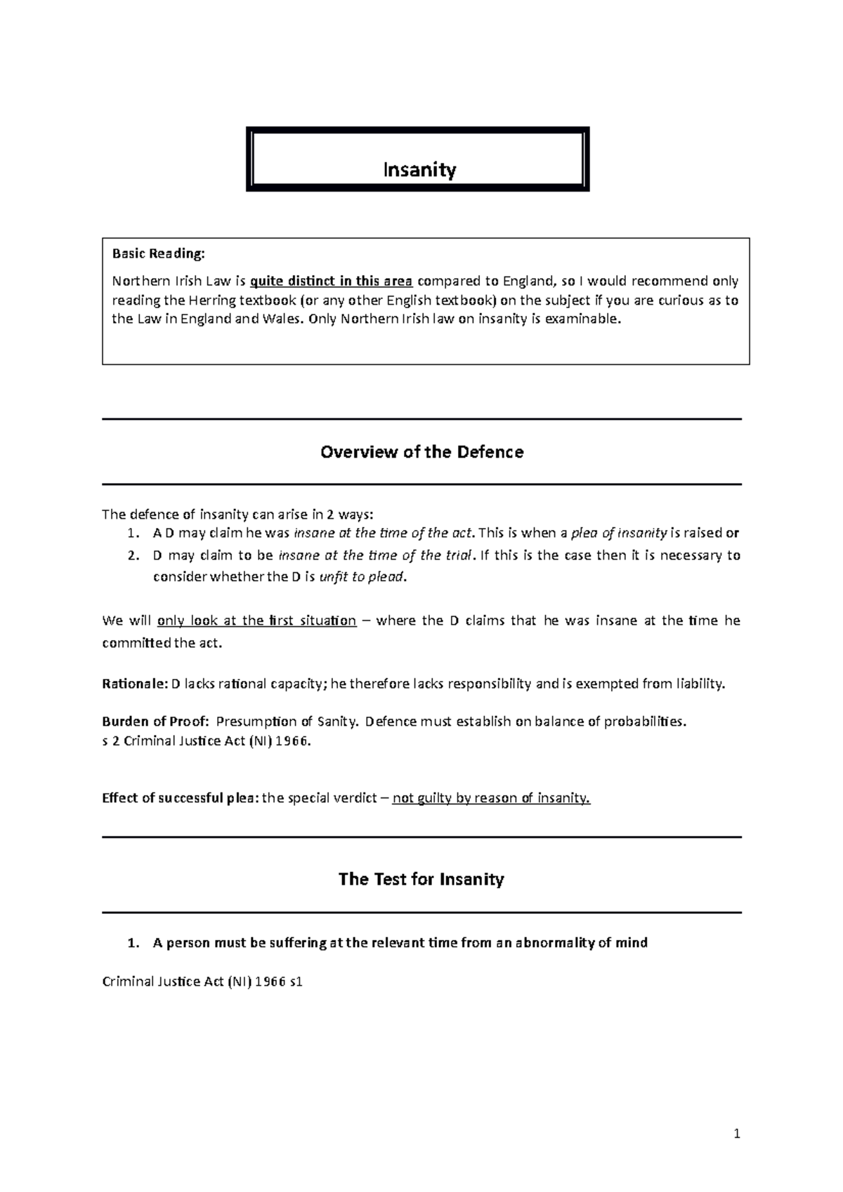 Defences - Insanity Topic Guide - Insanity Overview of the Defence The ...