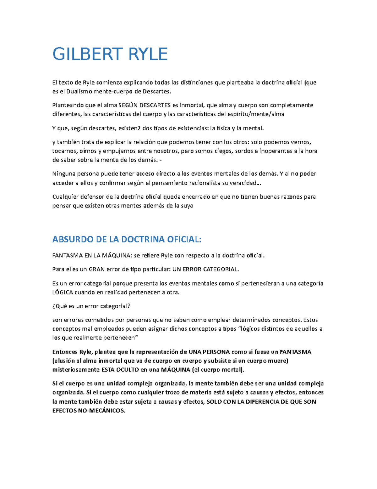 Gilbert RYLE Y Blackburn resumen segundo - GILBERT RYLE El texto de ...