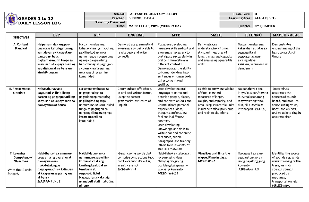 DLL ALL Subjects 2 Q3 W7 D1 - GRADES 1 to 12 DAILY LESSON LOG School: LAGTANG ELEMENTARY SCHOOL ...