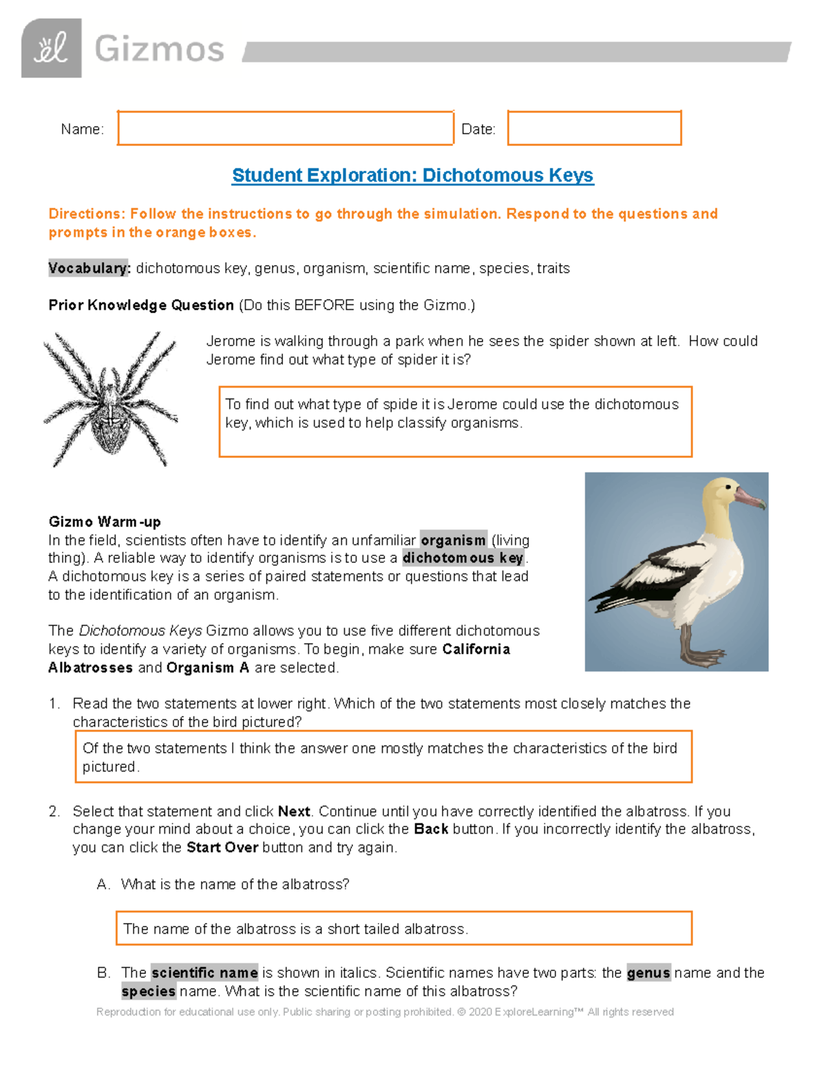 Cian Montminy - Gizmos Dichotomous Keys Lab - Name: Date: Student ...
