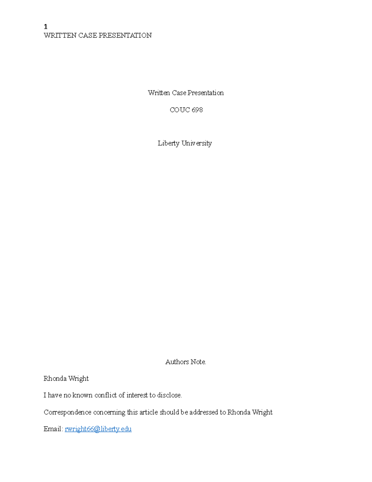 Written Case Presentation COUC 698 Rhonda Wright 1 - WRITTEN CASE ...