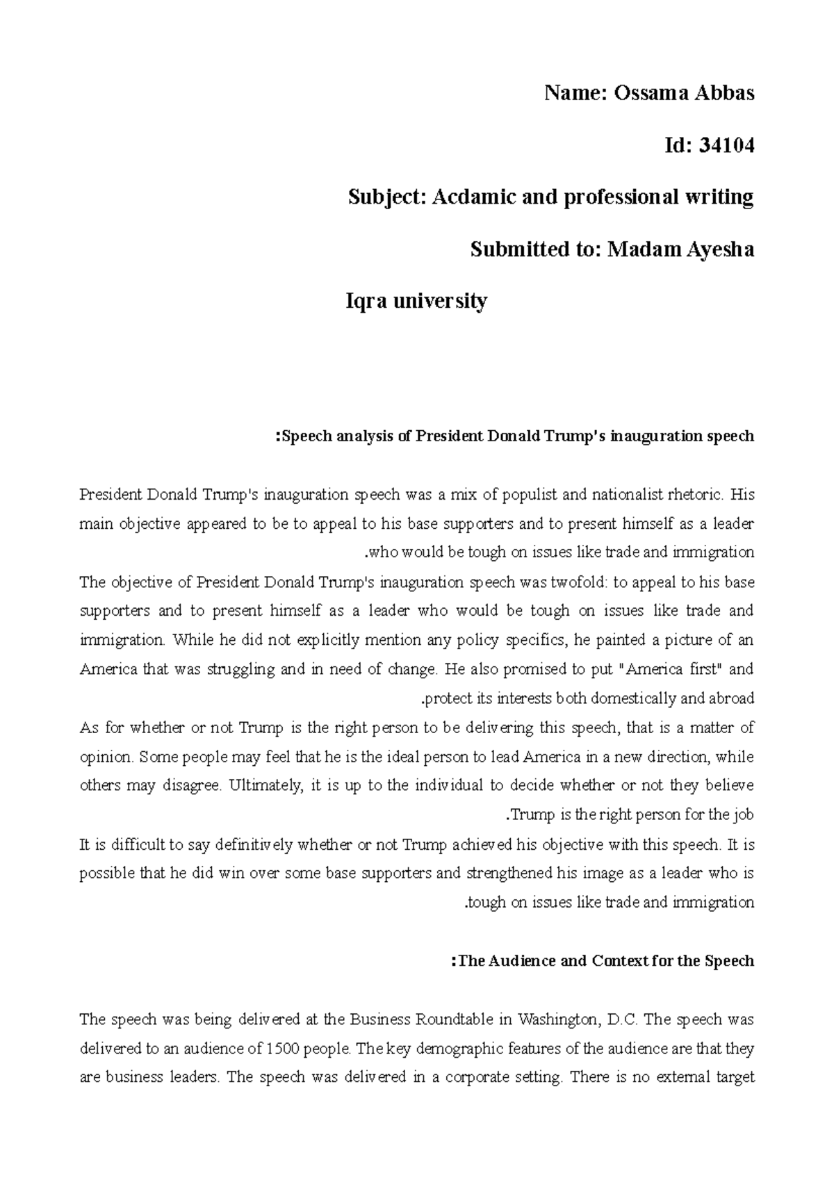 Speech analysis of President Donald Trump's doneee - Name: Ossama Abbas ...