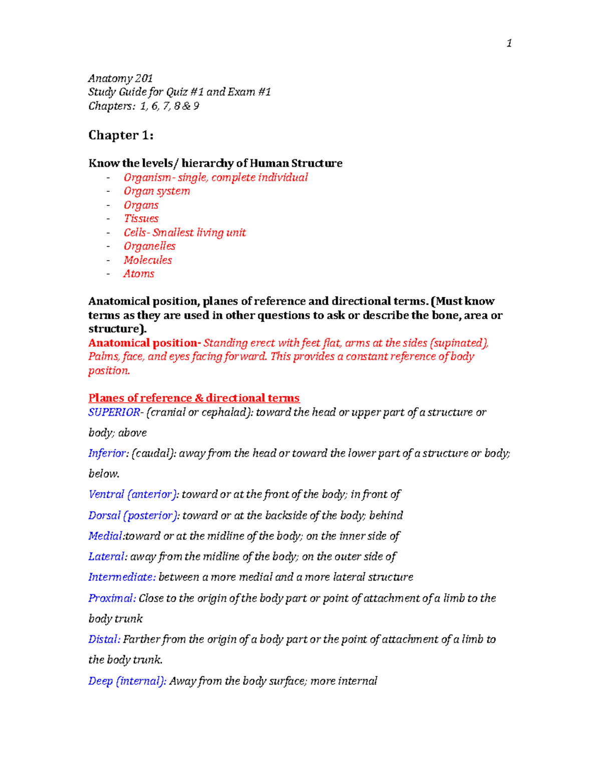 Exam 1 SG Anatomy 201 - Anatomy 201 Study Guide for Quiz #1 and Exam ...