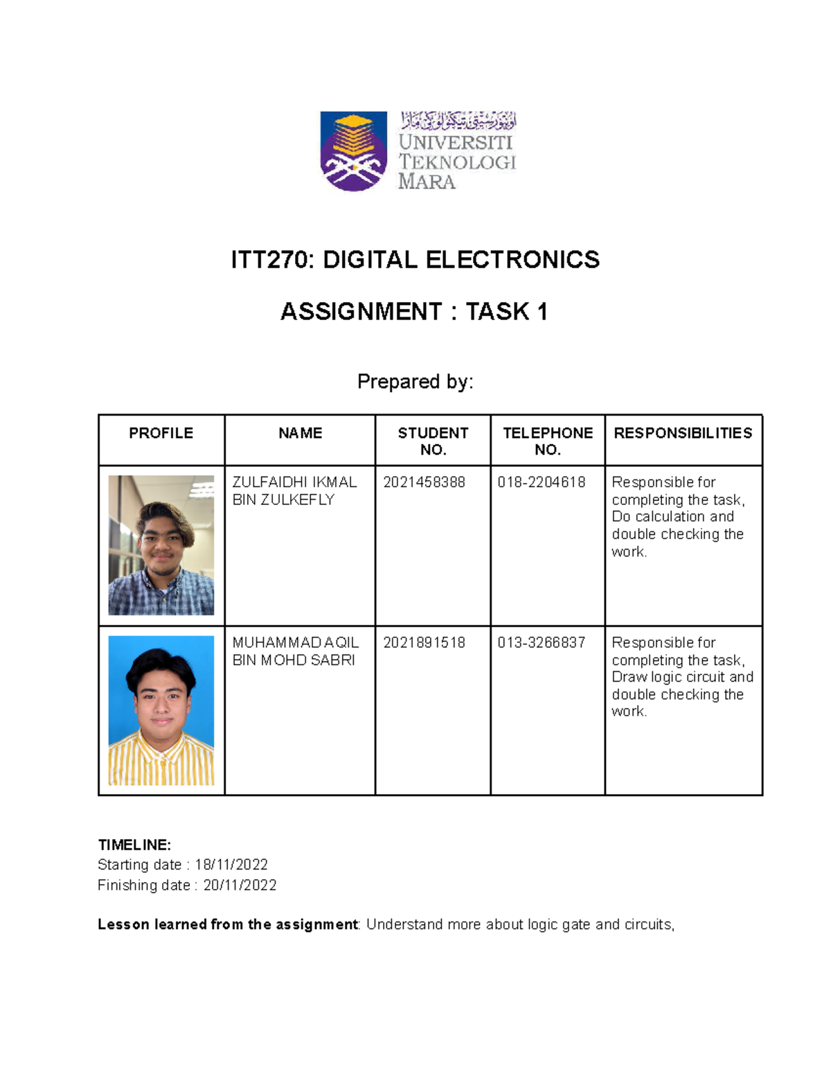 ITT270 TASK 1 : DIGITAL ELECTRONIC - ITT270: DIGITAL ELECTRONICS ASSIGNMENT : TASK 1 Prepared by ...