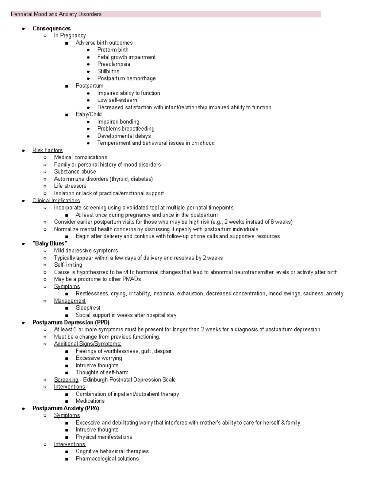 OB Final Exam - Notes - Perinatal Mood and Anxiety Disorders ...