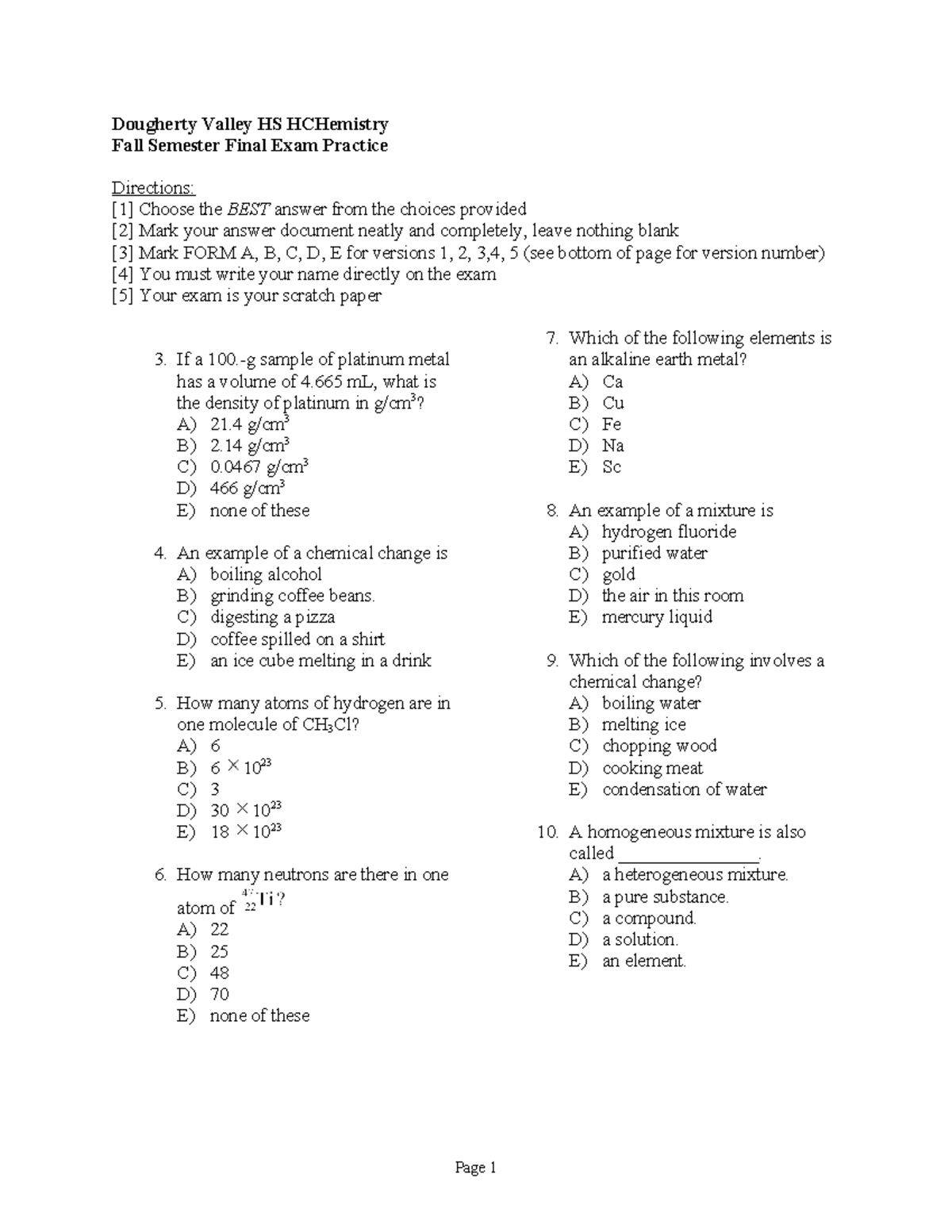 2021Honchemfallfinalpractice 1 - Dougherty Valley HS HCHemistry Fall ...