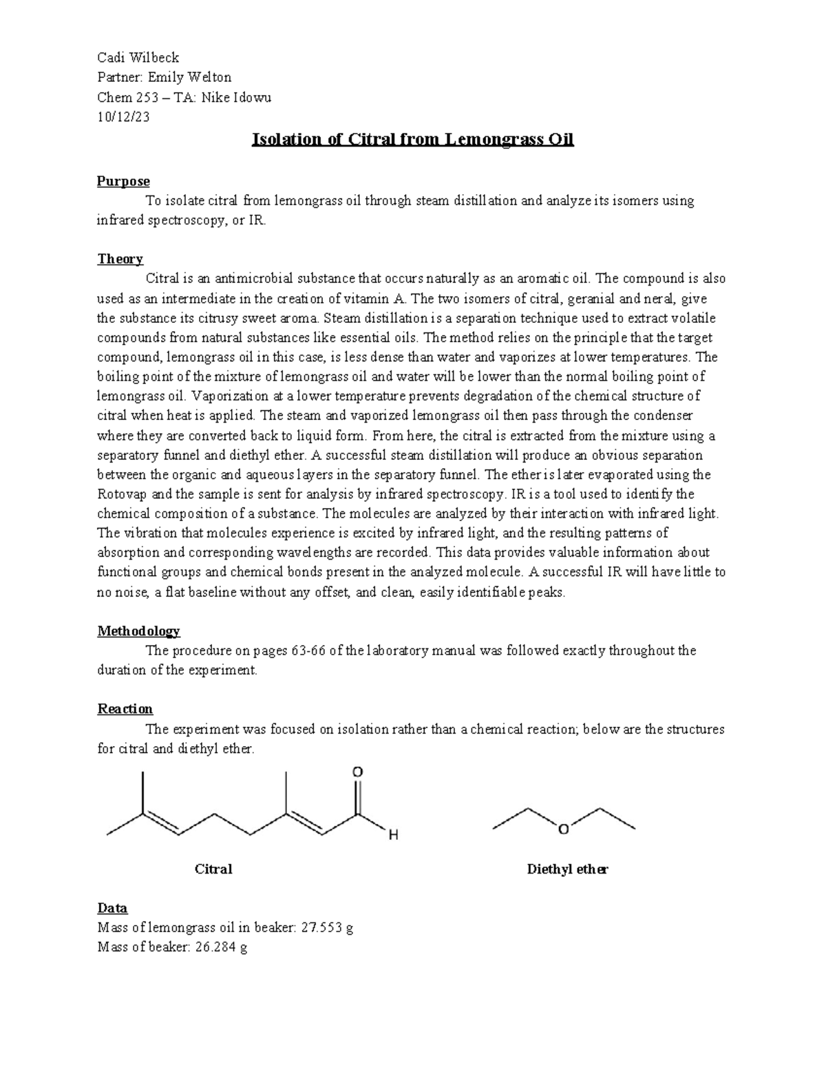 Exp. 8 - Iso. of Citral from Lemongrass Oil - Cadi Wilbeck Partner ...