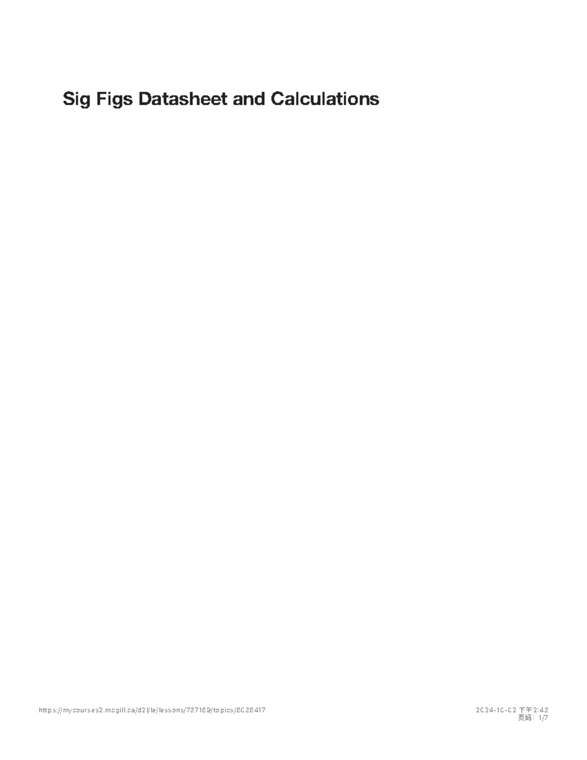 Significant Figures Data Sheet - Fall 2024 - CHEM-110-112 - Sig Figs Datasheet and Calculations ...