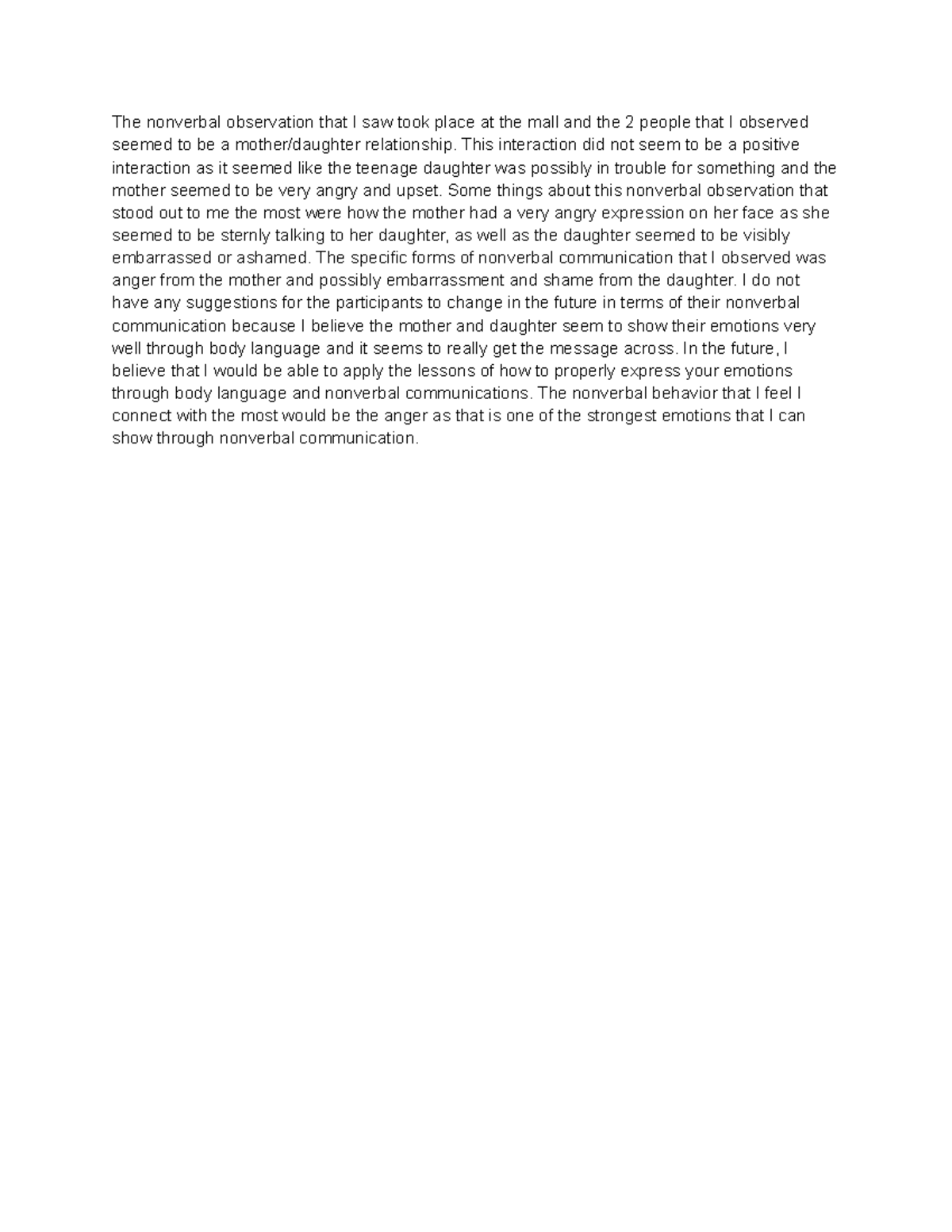 Nonverbal Observation Assignment - The nonverbal observation that I saw ...