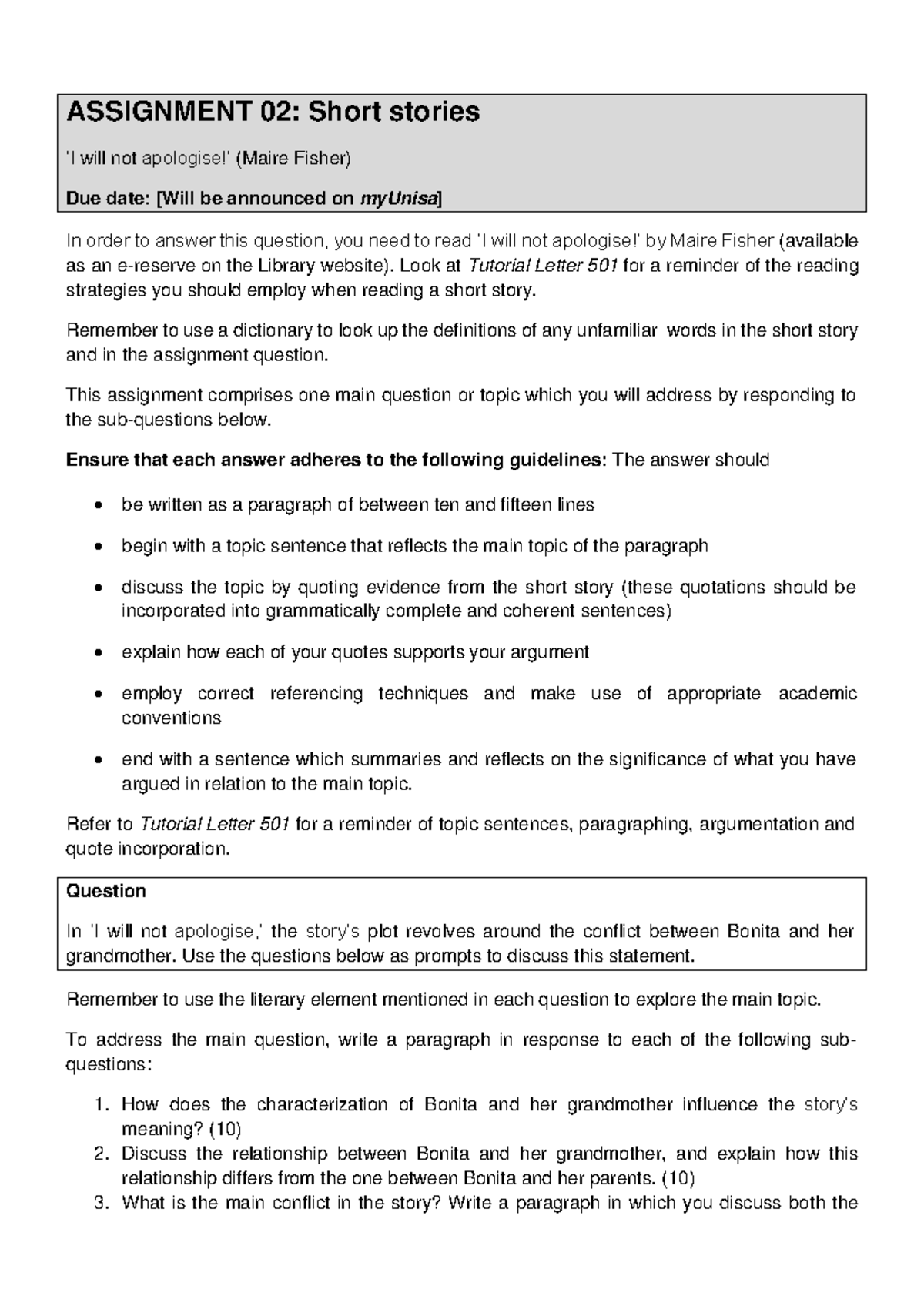 ENG1501 Assignment 2 Short Stories - In order to answer this question ...