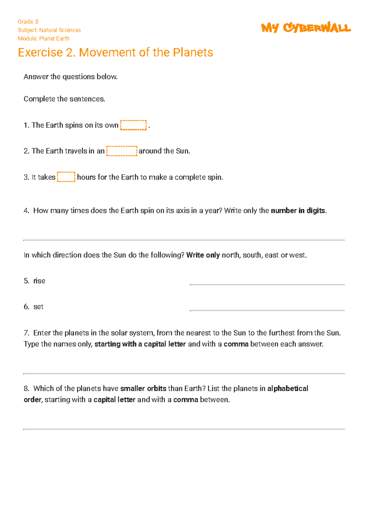 Movement of the Planets - Answer the questions below. Complete the ...