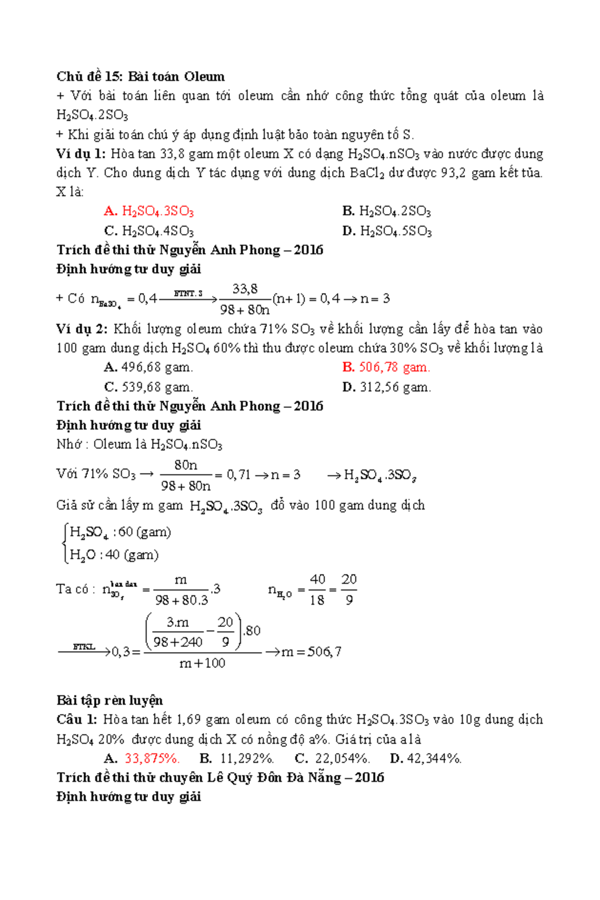 CĐ 15 Oleum - hoa12 - Chÿ ß 15: Bài toán Oleum + Vßi bài toán liên quan tßi oleum c¿n nhß công ...