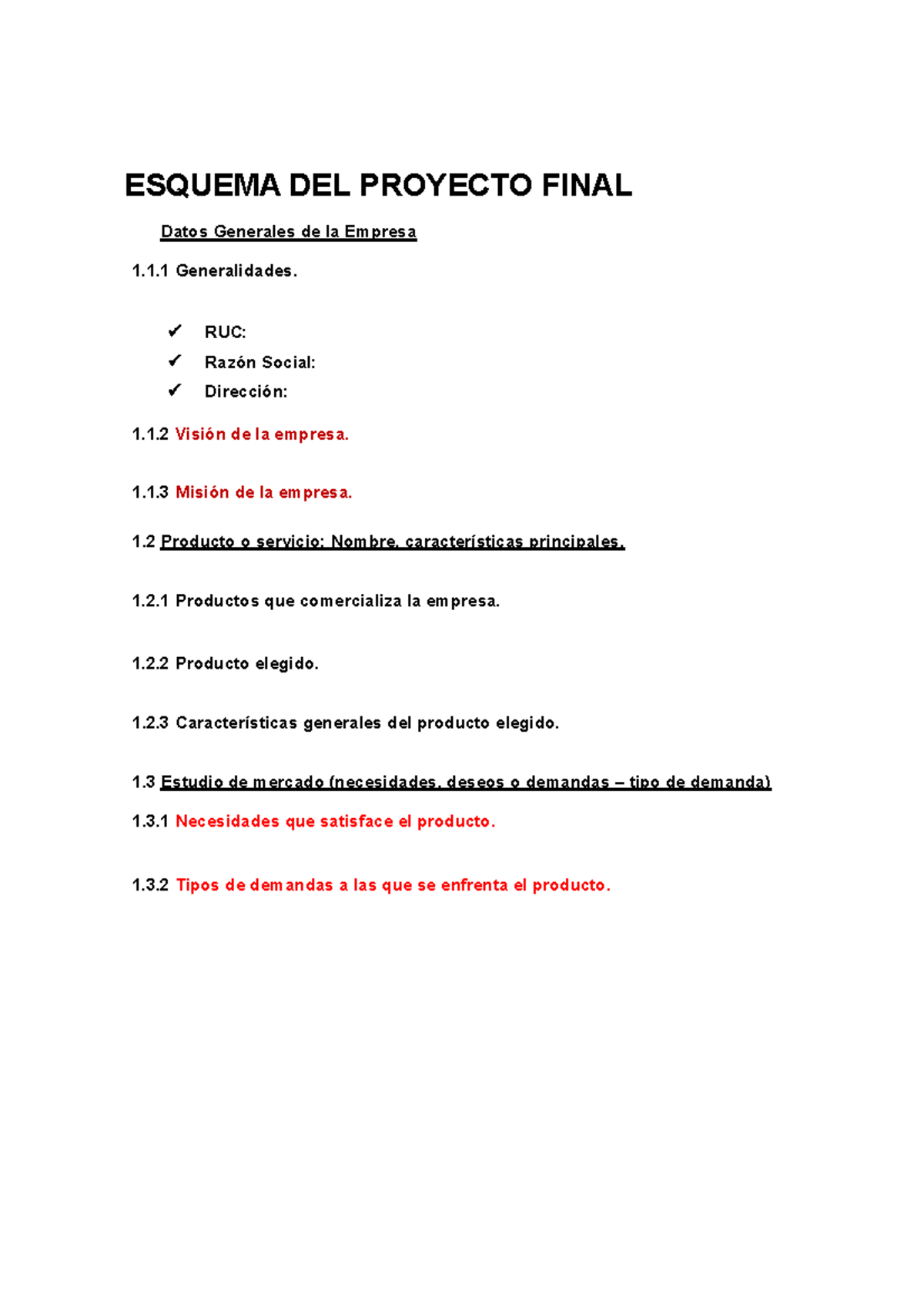 Esquema del Proyecto de Marketing - ESQUEMA DEL PROYECTO FINAL Datos Generales de la Empresa 1.1 ...