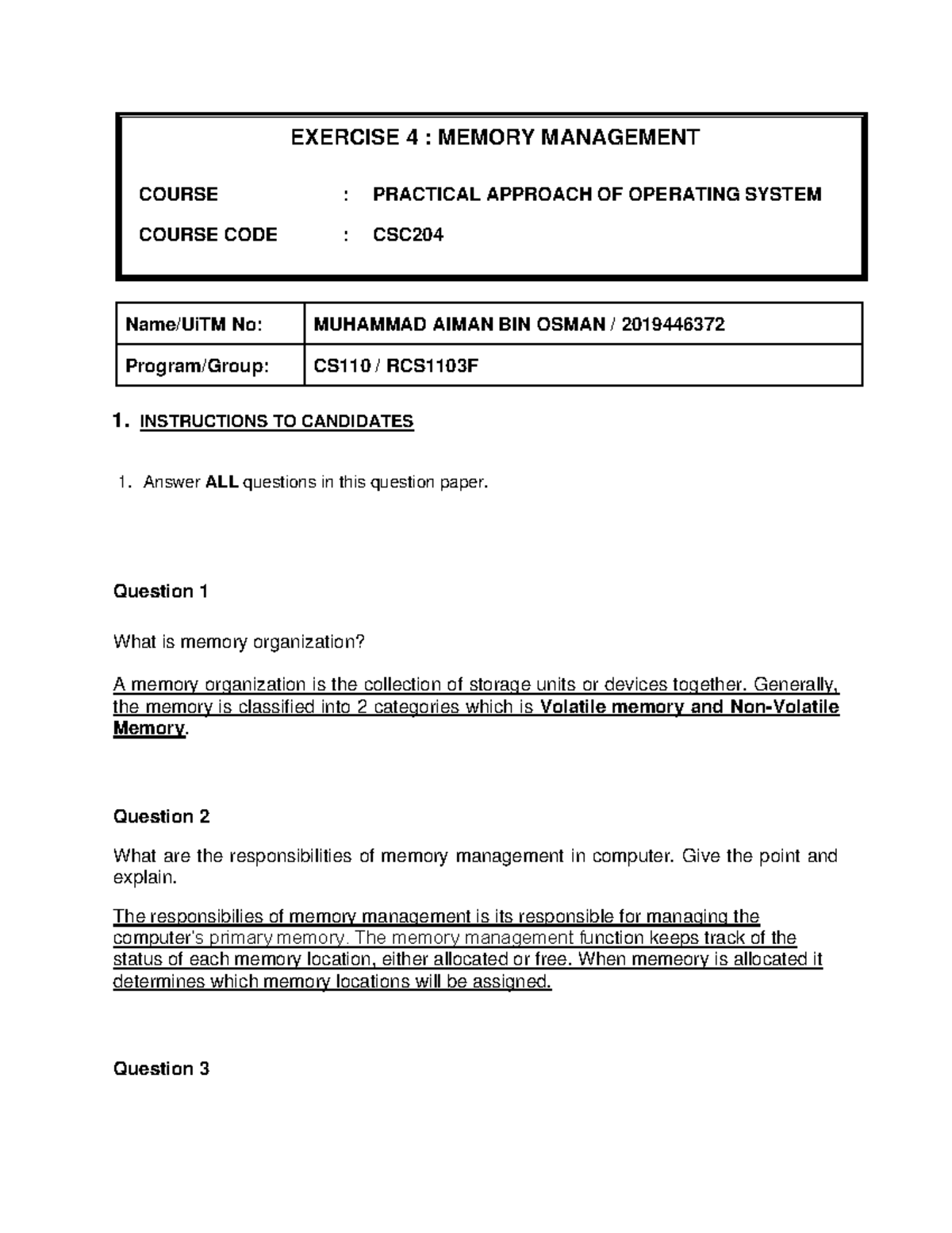 Exercise 4 Memory Management Muhammad Aiman Bin Osman R CS110 3F ...