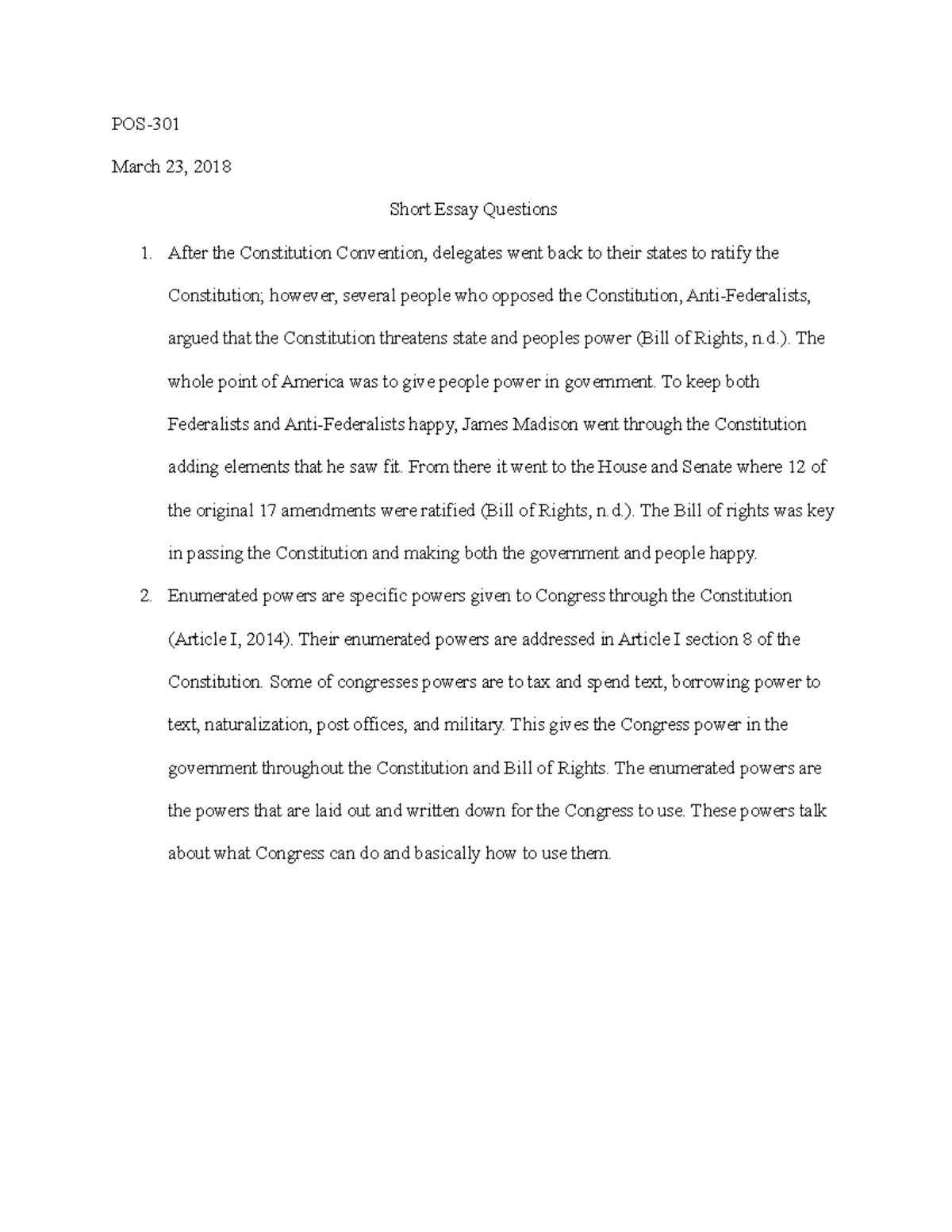 Bill of Rights worksheet - POS- March 23, 2018 Short Essay Questions ...
