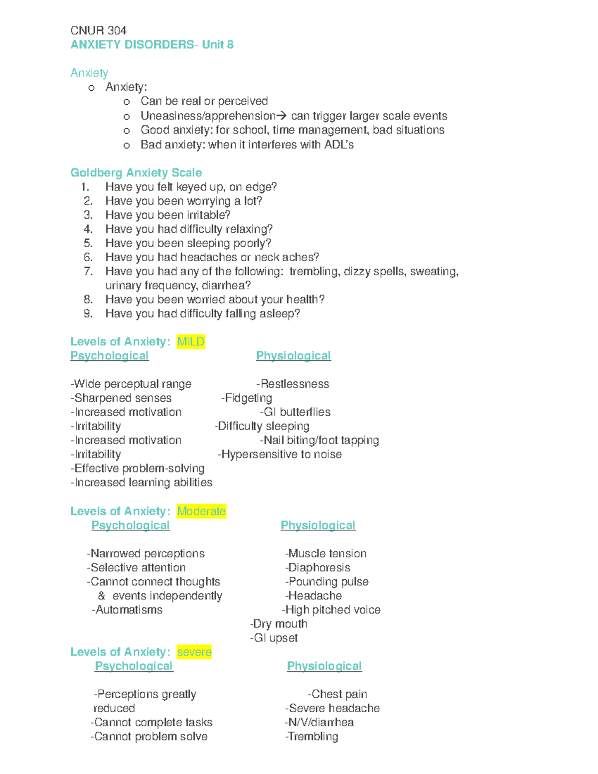 Anxiety disorders- Unit 8 - CNUR 304 ANXIETY DISORDERS- Unit 8 Anxiety ...