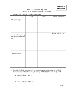Sim Prep 3 ACLS, Shock, Burn Injury - NRSG 201 Simulation Prep Sheet ...