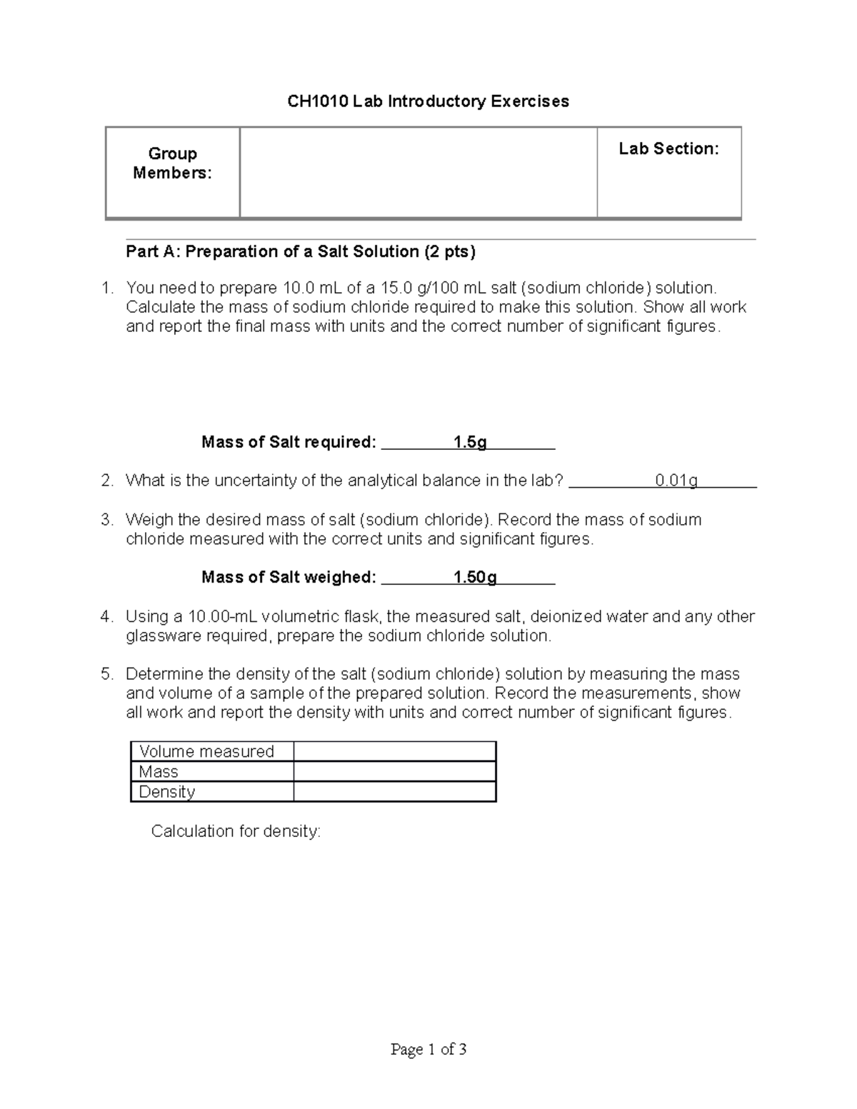 CH1010 Team Contract and Intro Lab worksheet - CH1010 Lab Introductory ...