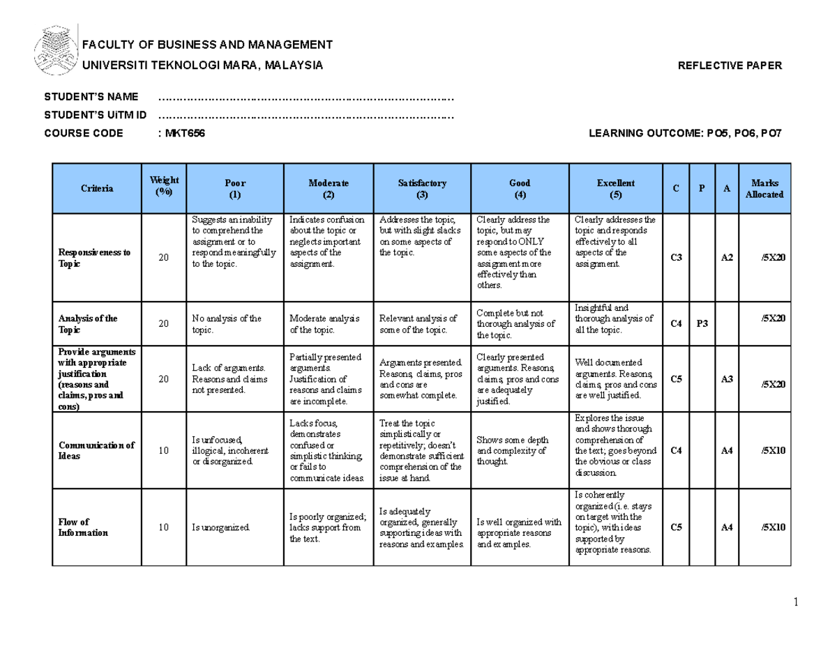 Rubrics for Reflective Paper - FACULTY OF BUSINESS AND MANAGEMENT ...