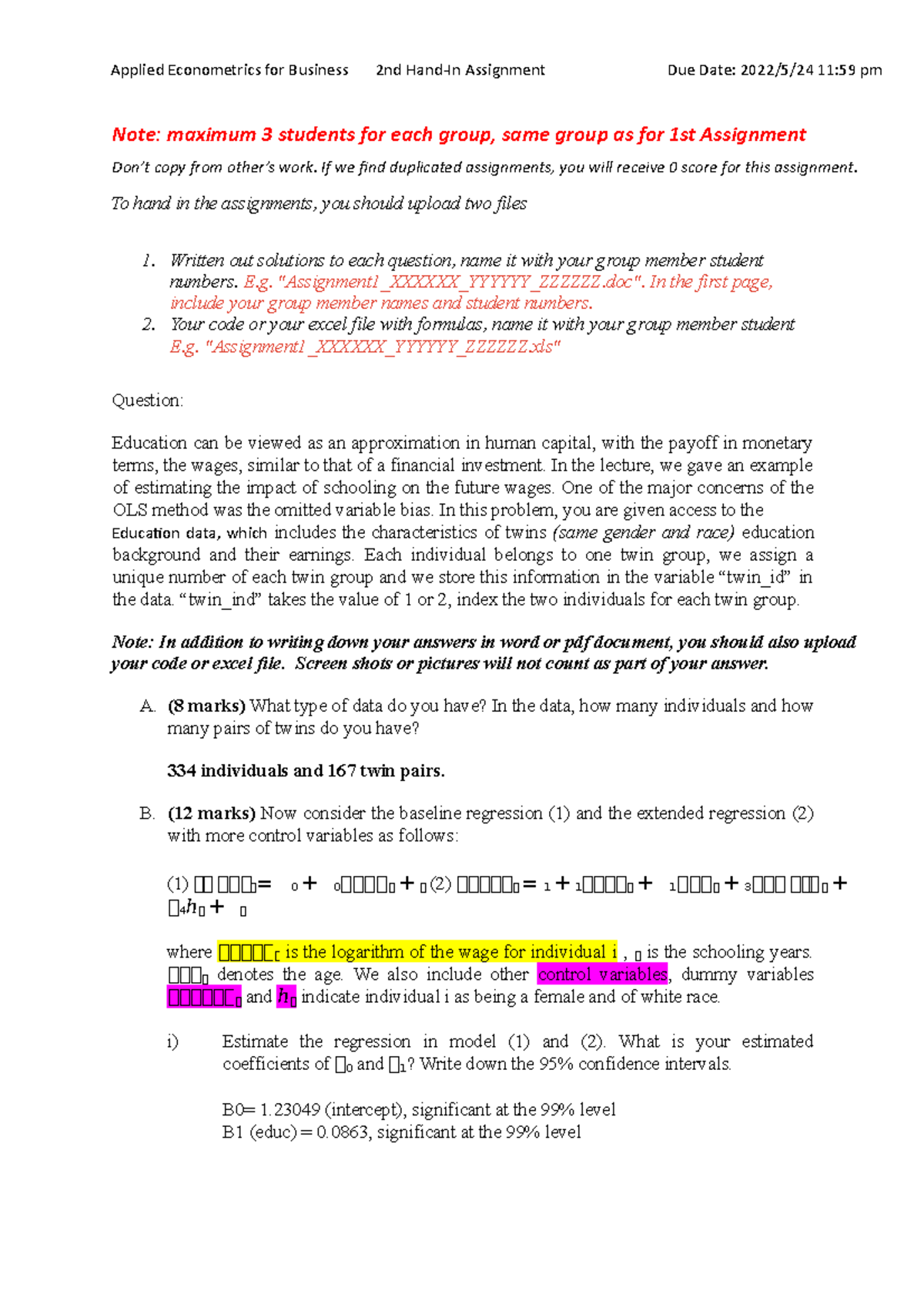 Assignment 2 Applied Econometrics For Business Applied Econometrics For Business 2nd Hand In