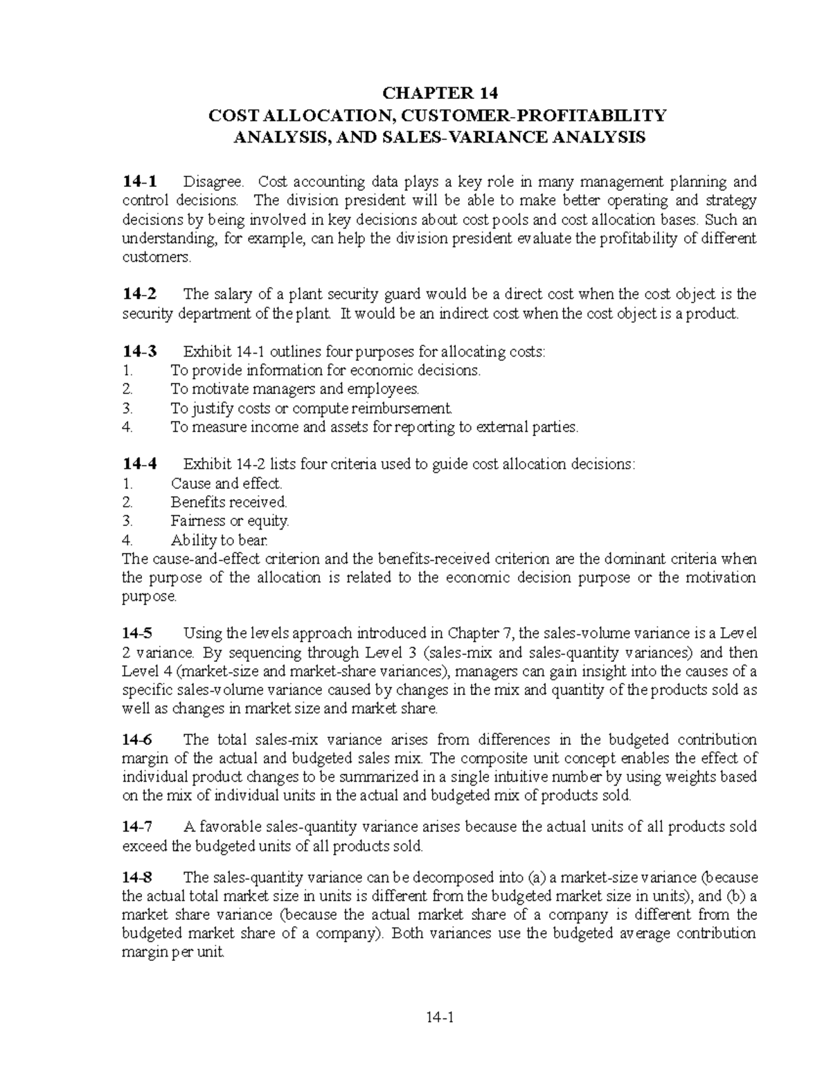 Ch14 solution management accounting practice - CHAPTER 14 COST ALLOCATION, ANALYSIS, AND ...