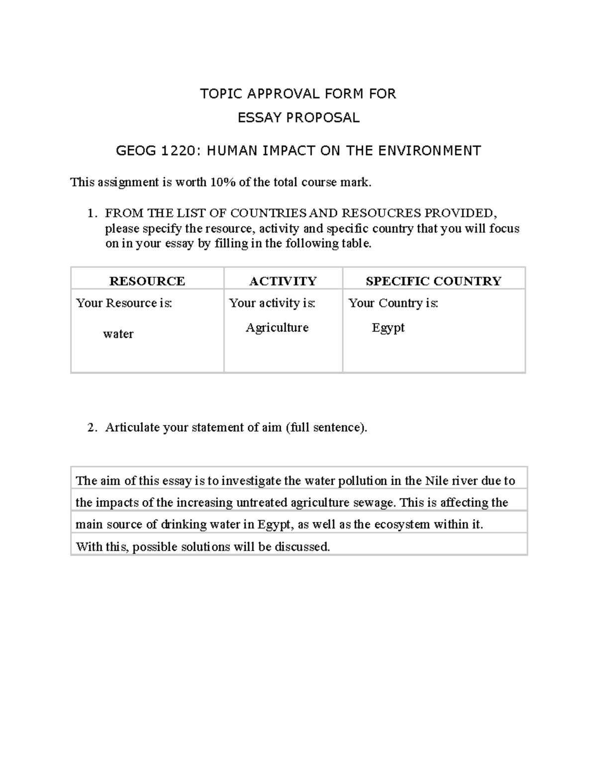 GEOG 1220 Essay Proposal - TOPIC APPROVAL FORM FOR ESSAY PROPOSAL GEOG ...