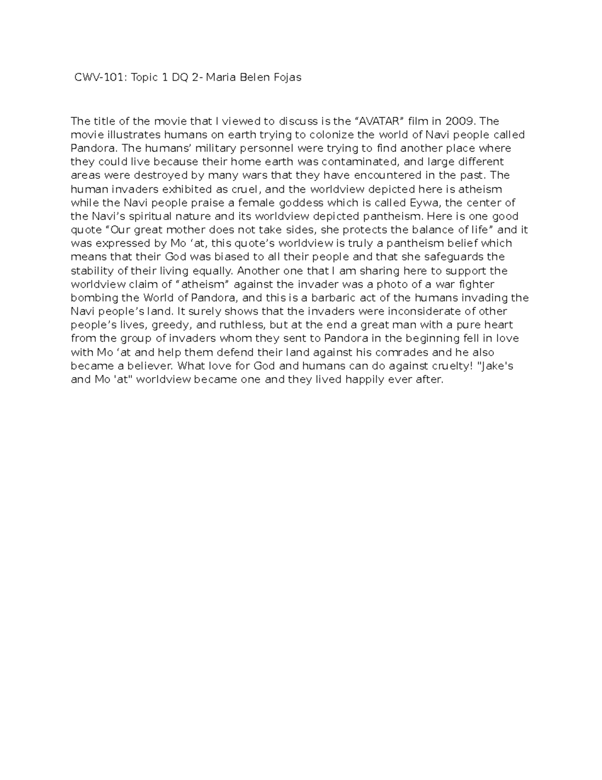 CWV-101- Topic 1 DQ 2- Maria Belen Fojas - The movie illustrates humans ...