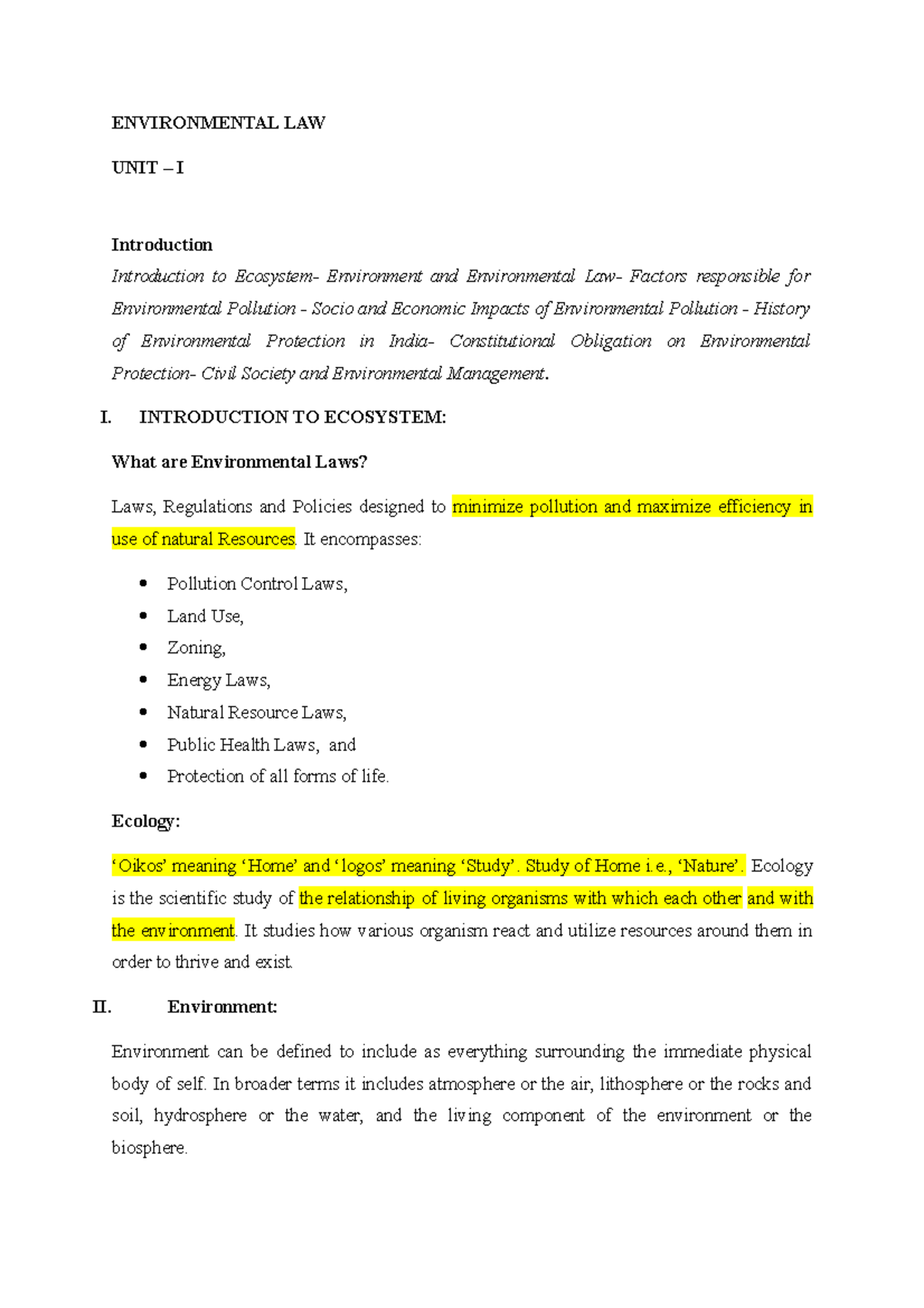 Unit I - Introduction to environmental law - ENVIRONMENTAL LAW UNIT – I ...