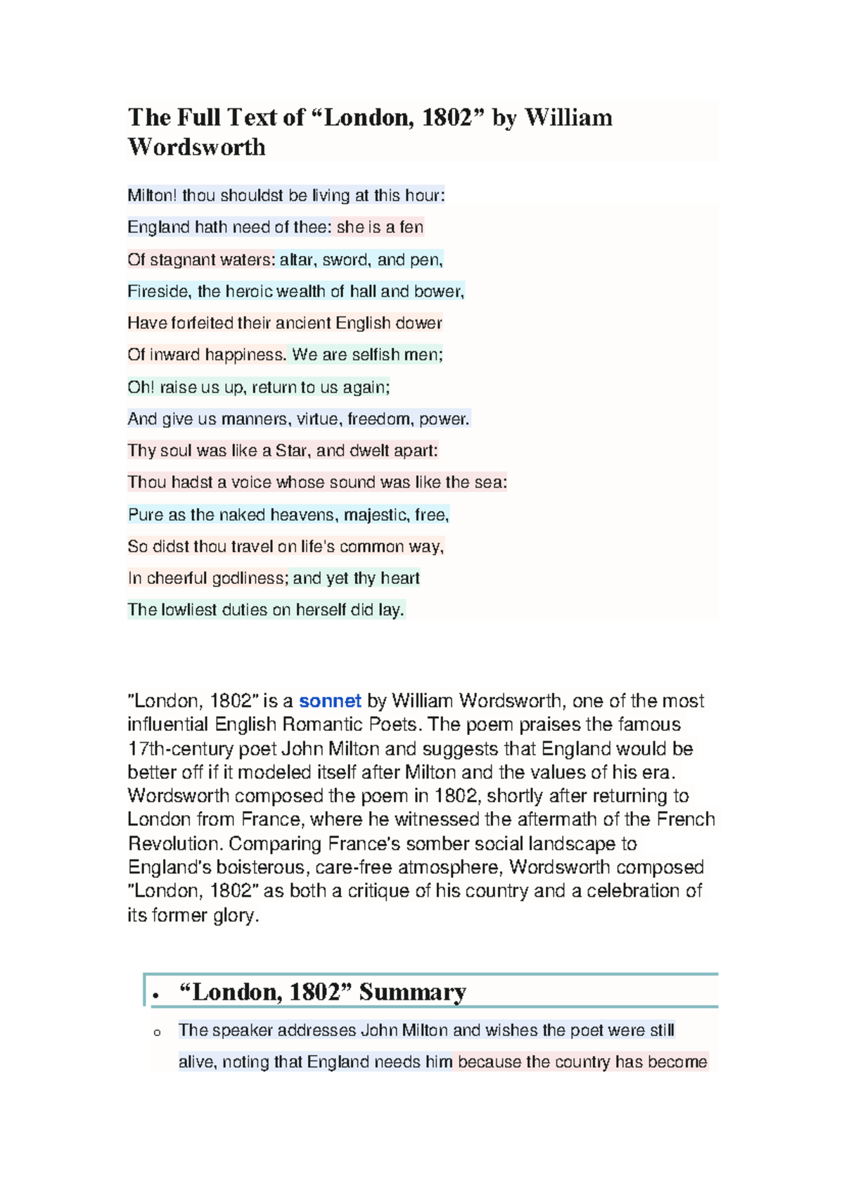 “London, 1802” by William Wordsworth - The Full Text of “London, 1802 ...