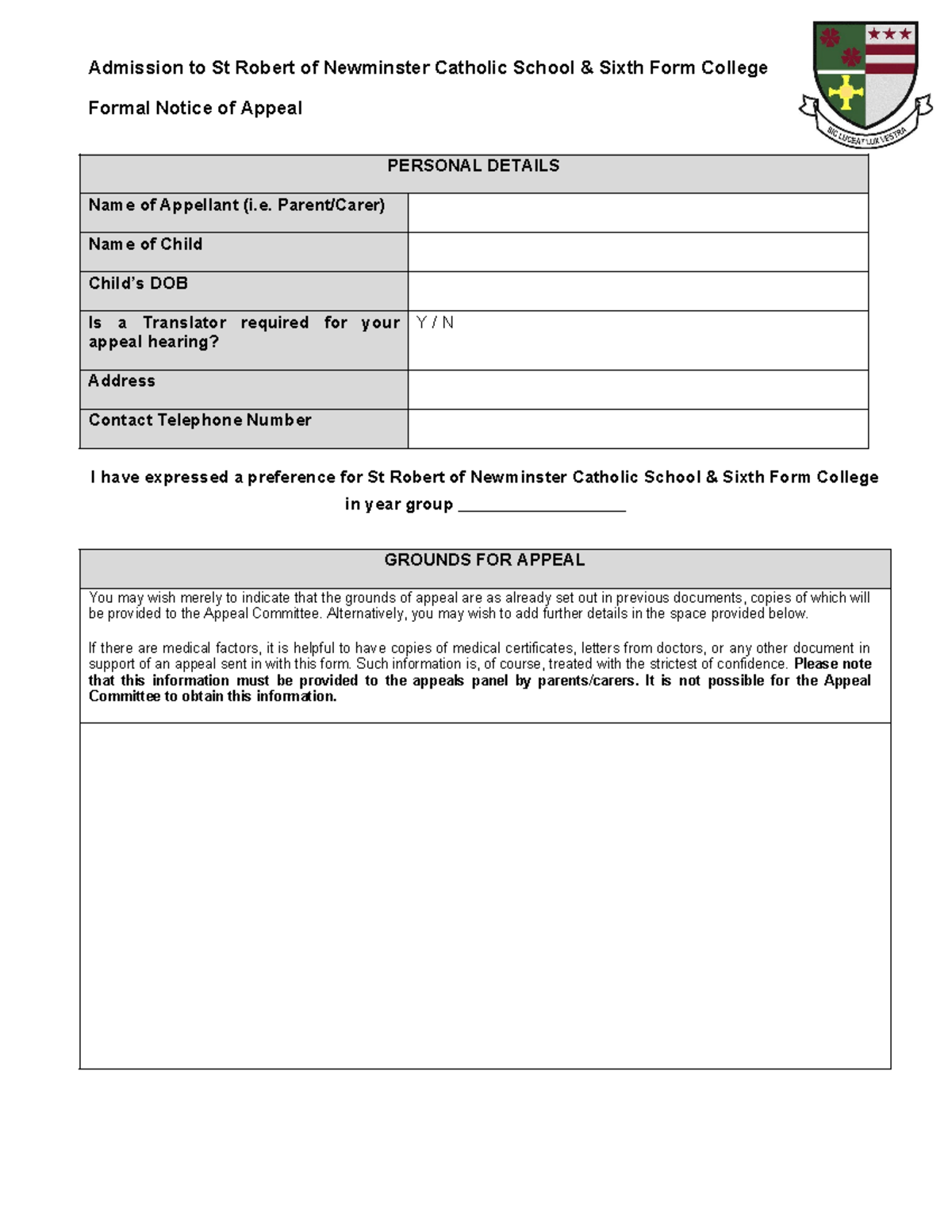 St Robert of Newminster - Appeals Form 2022 - Admission to St Robert of ...