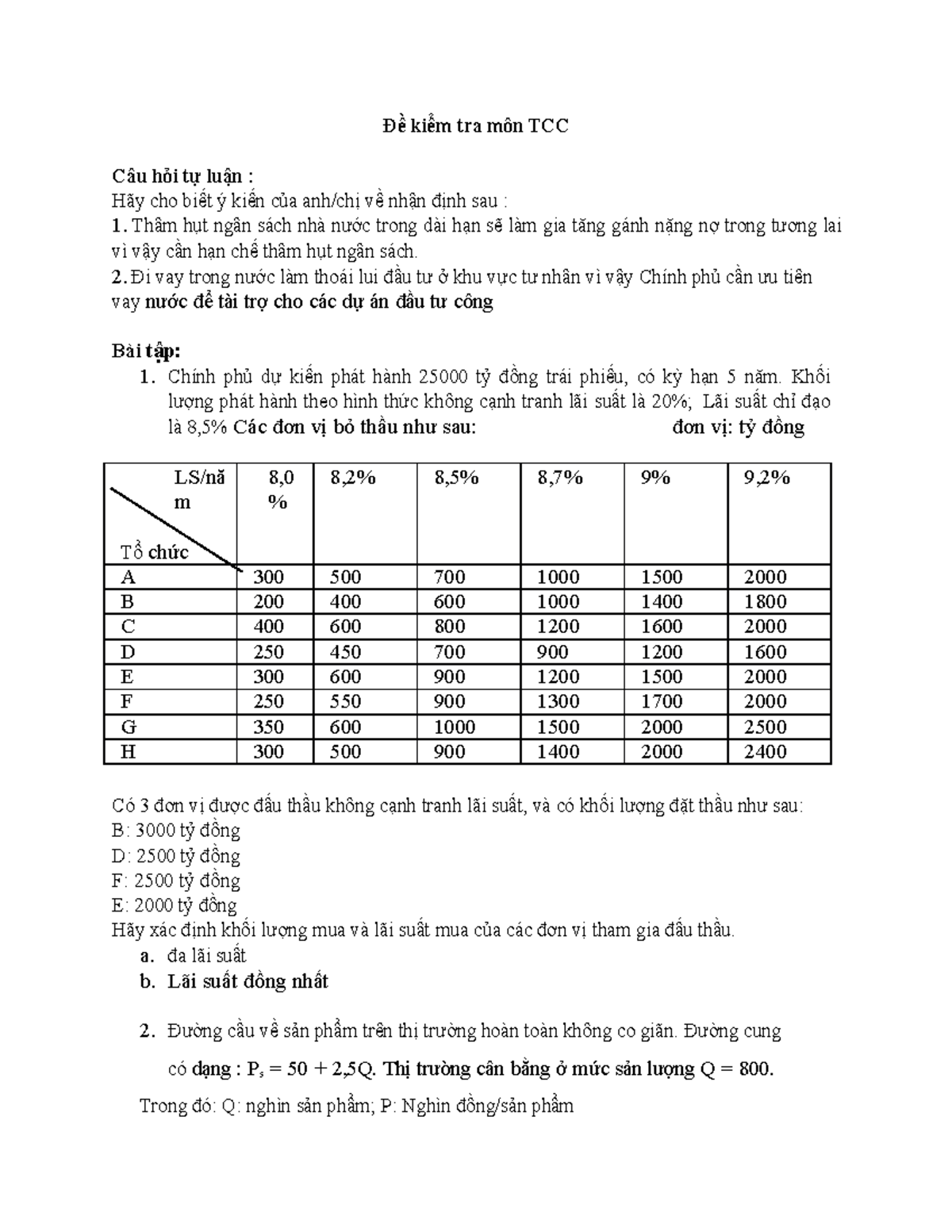 De kiem tra mon tcc2 test - Đê kiểm tra môn TCC Câu hỏi tư luâ ̣n : Hãy ...