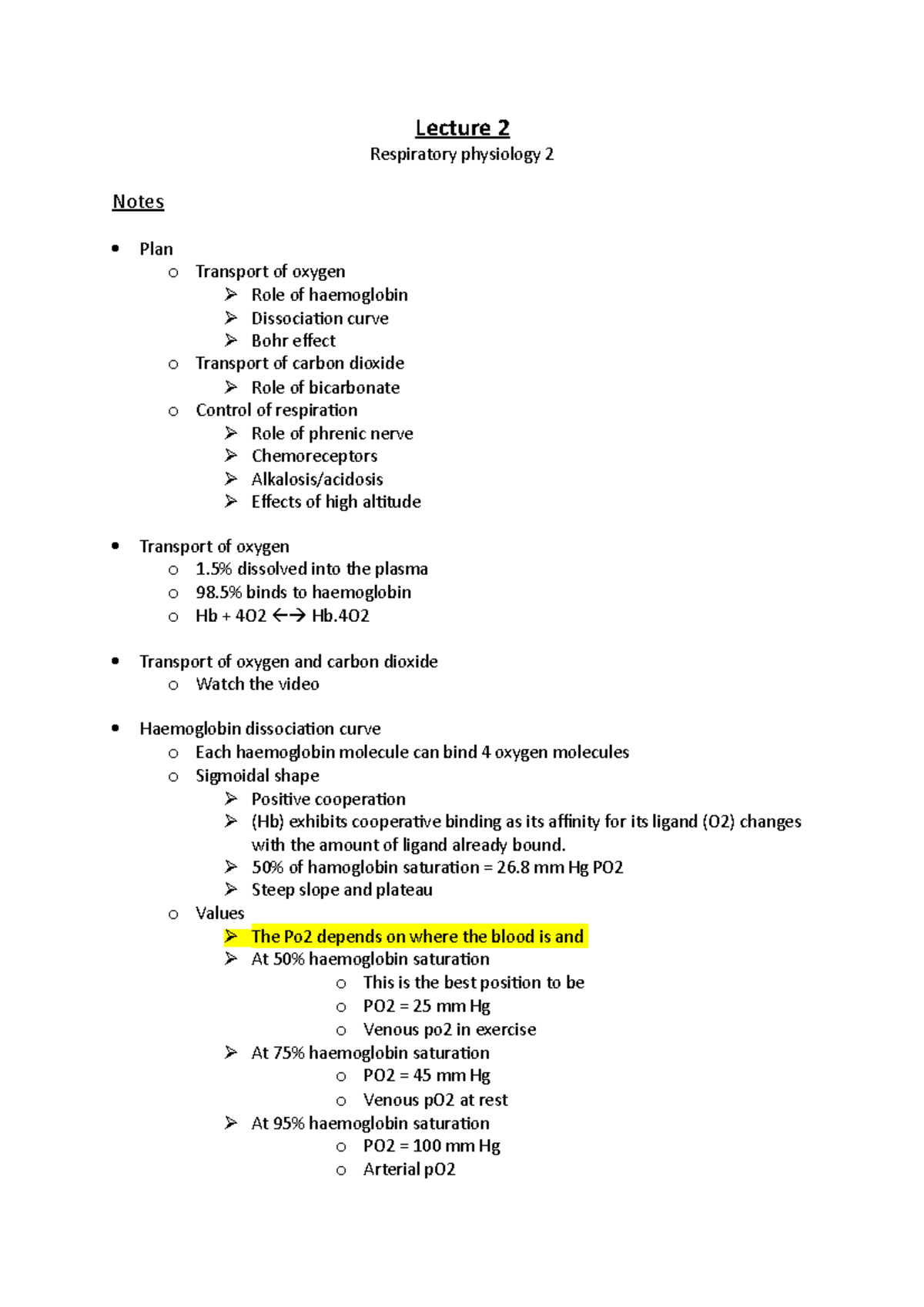 Respiratory Notes 4 - Lecture 2 Respiratory physiology 2 Notes Plan o ...