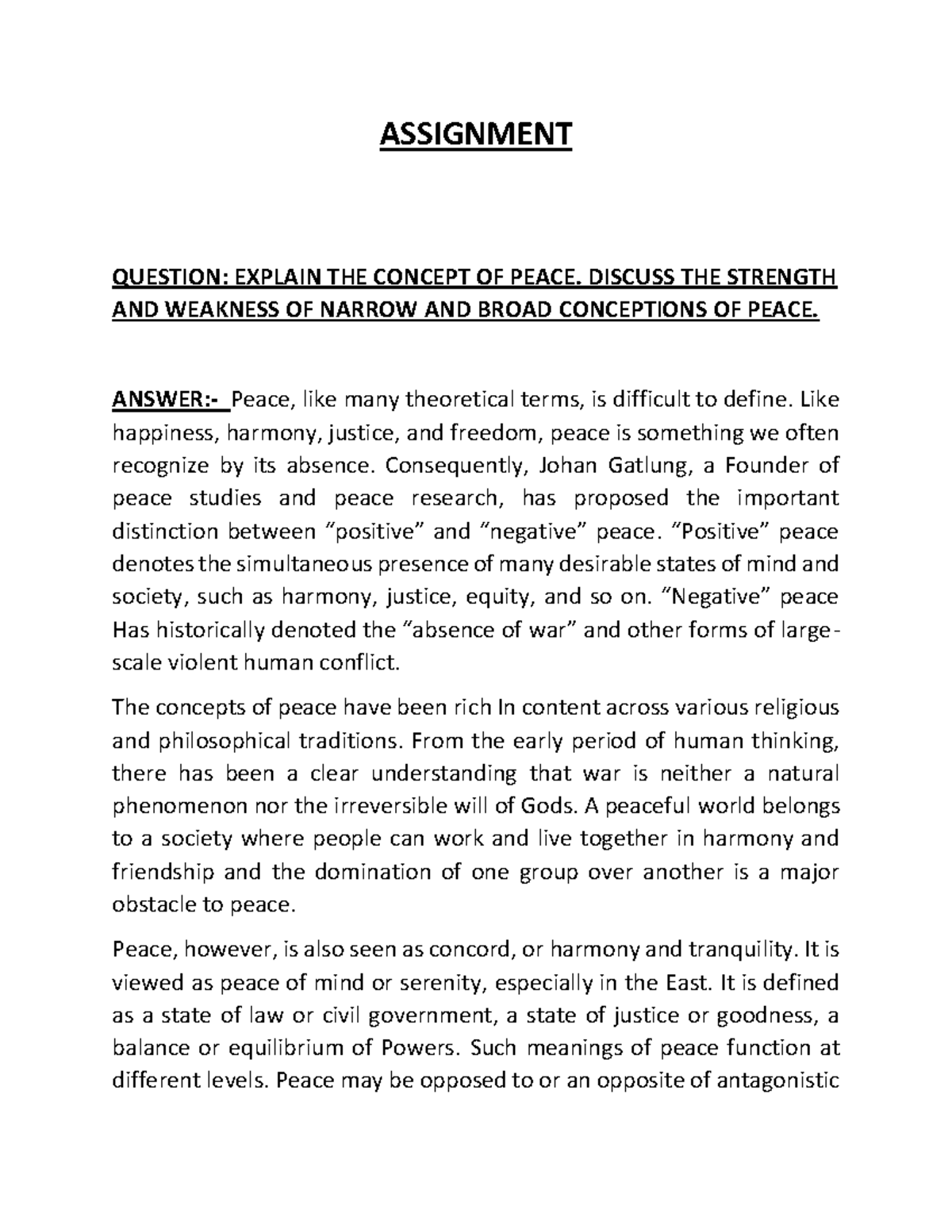 Assignment peace - ASSIGNMENT QUESTION: EXPLAIN THE CONCEPT OF PEACE ...