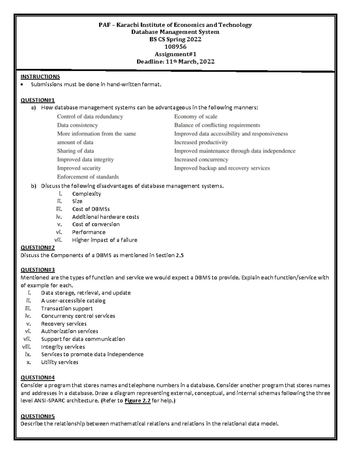 Database management system Assignment No 1 with - PAF – Karachi ...