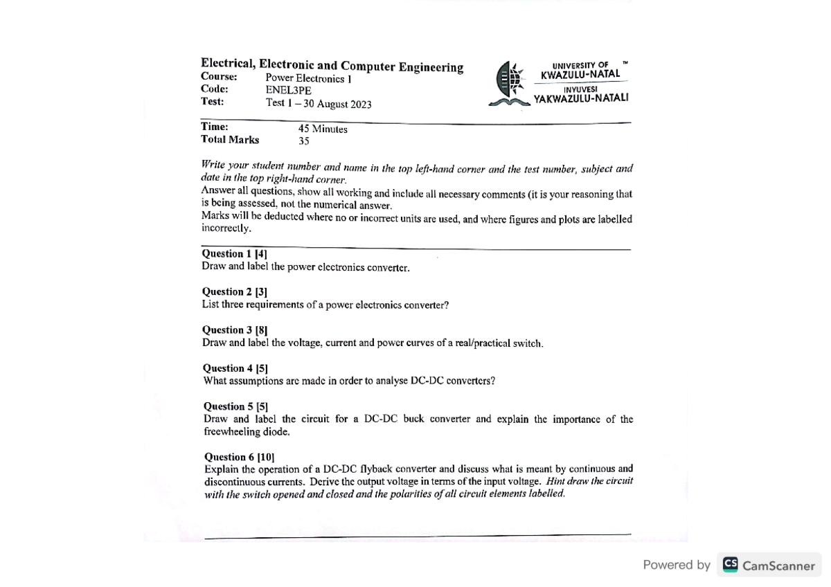 Power Electronics 1 Test 1 2023 - ENEL3PE - Studocu