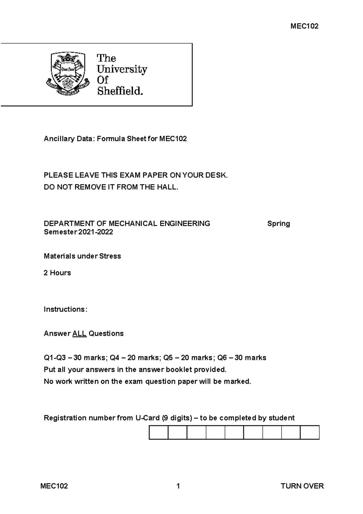 MEC102 2021-22 final version - MEC102 1 TURN OVER Ancillary Data ...