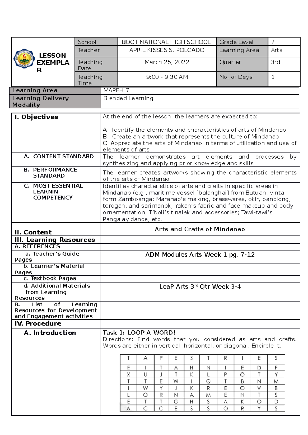Mapeh 7 IDEA Lessonplan - LESSON EXEMPLA R School BOOT NATIONAL HIGH ...