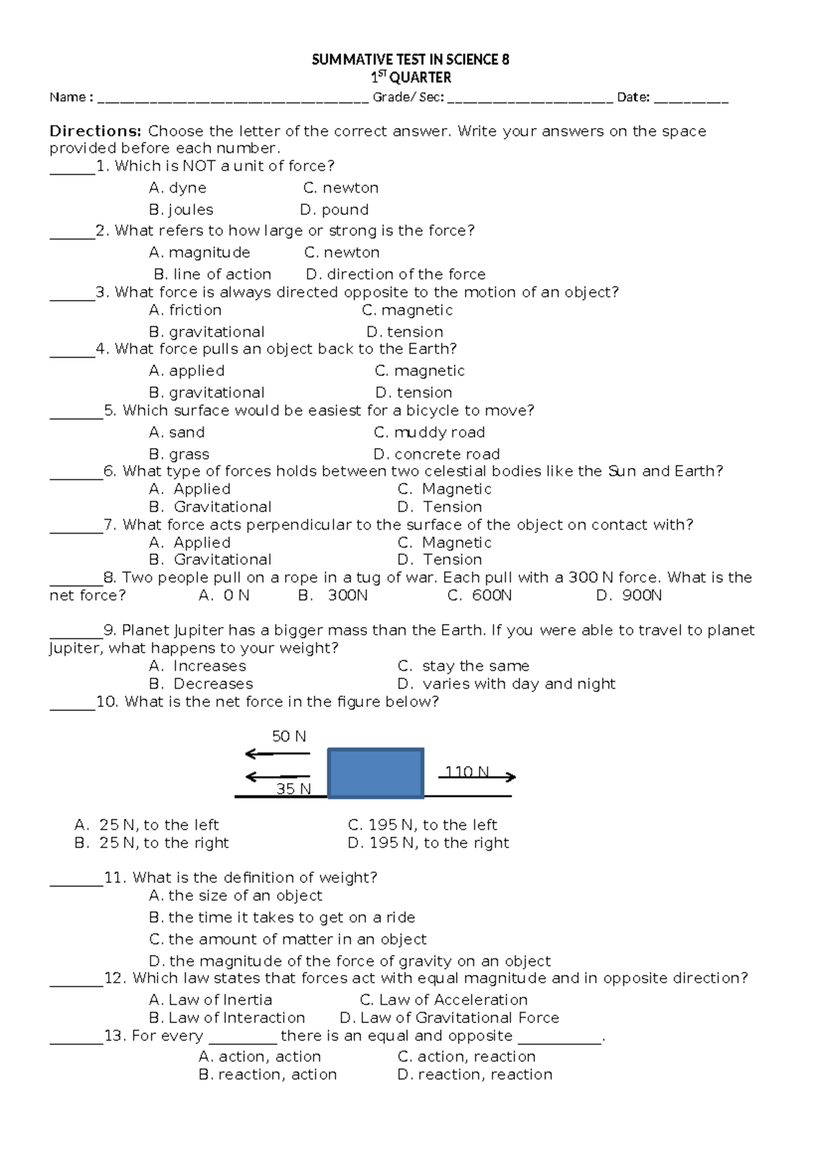 Summative TEST IN Science - SUMMATIVE TEST IN SCIENCE 8 1 ST QUARTER ...